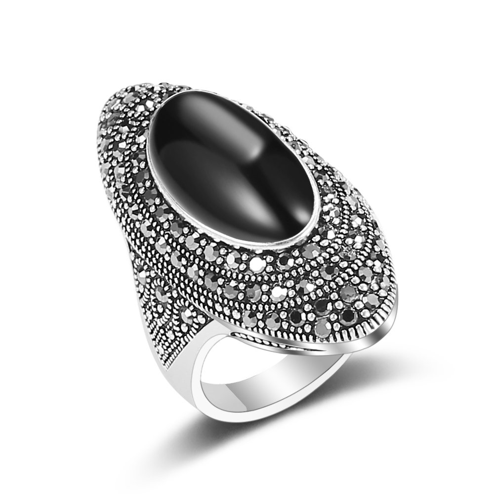 Mytys Retro Vintage Cocktail Statement Ring Black Marcasite & Crystal Rings for Women Antique Silver Big Black Onyx Stone Ring (Silver 3, 9)