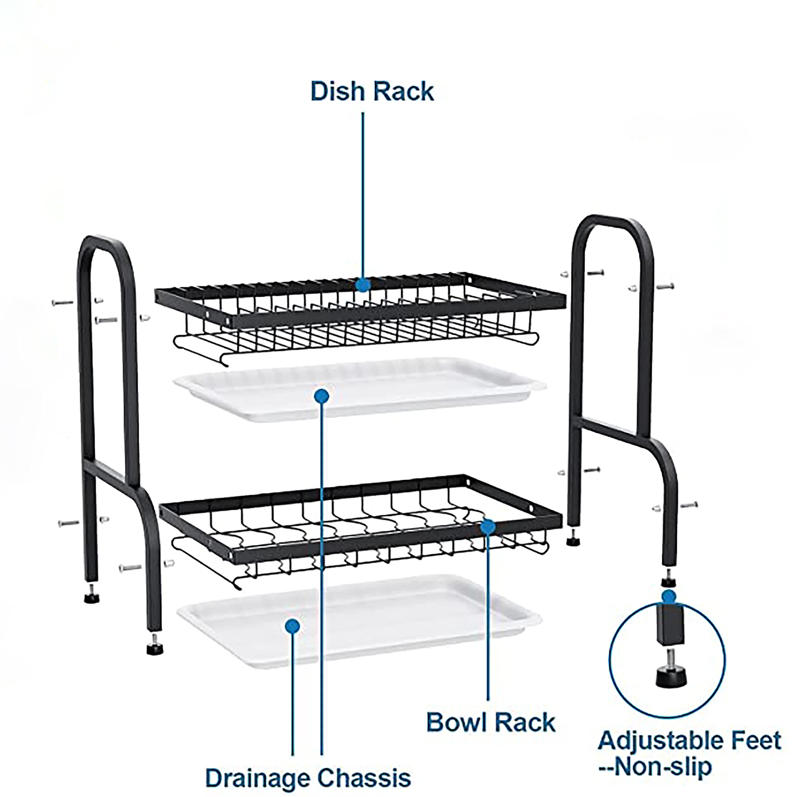 PEAKXCAN Dish Drying Rack, 2 Tier Rust-Resistant Dish Rack Small Dish Drainer with Drainboard Tray, Dish Racks for Kitchen Counter, Durable Stainless Steel Kitchen Drying Rack, Black