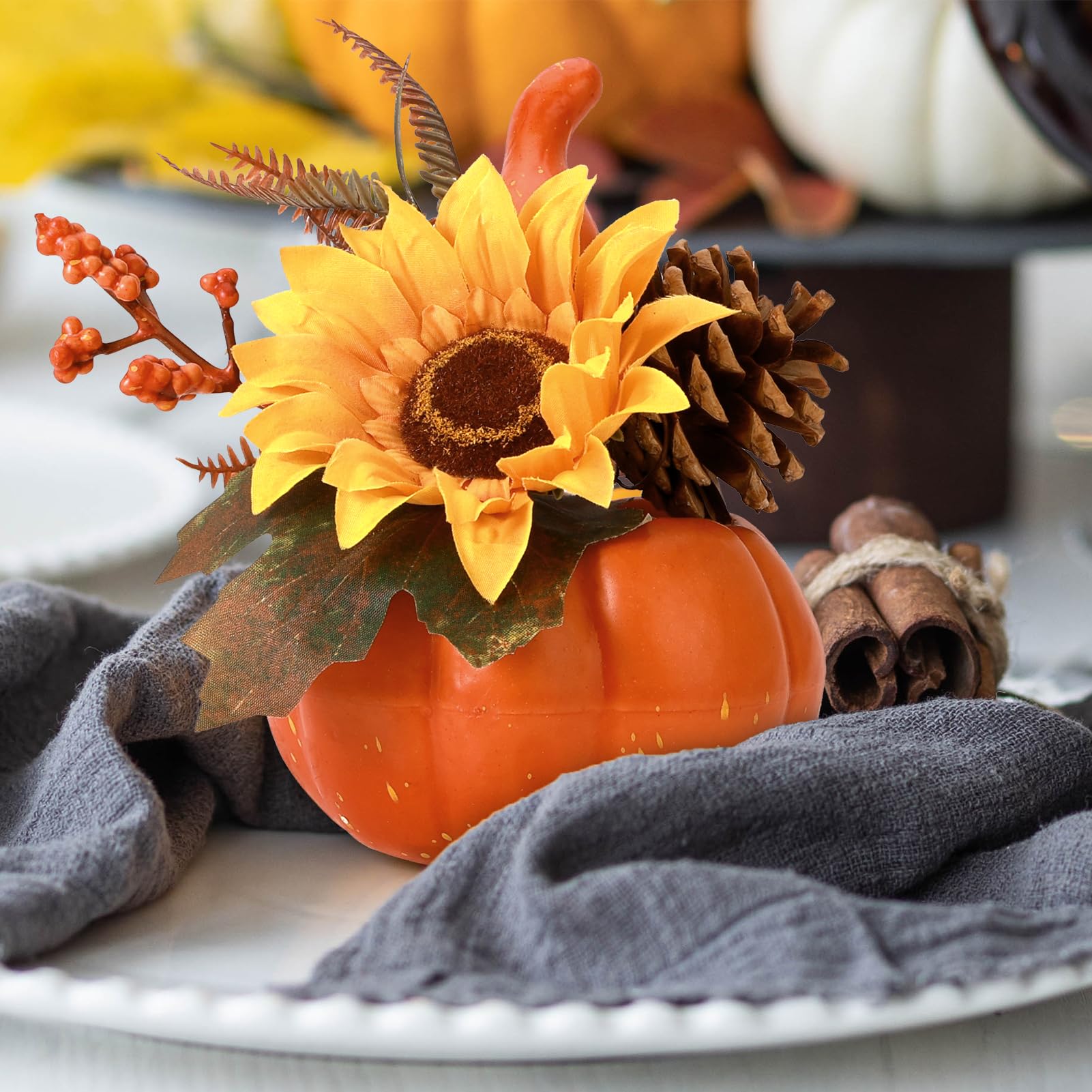 Omldggr Artificial Autumn Pumpkin Decoration for Home, Fake Fall Potted Plants with Sunflowers Maple Leaves Berry Pine Cone for Harvest Thanksgiving Kitchen Home Fall Decor Table Centerpieces(2PCS)
