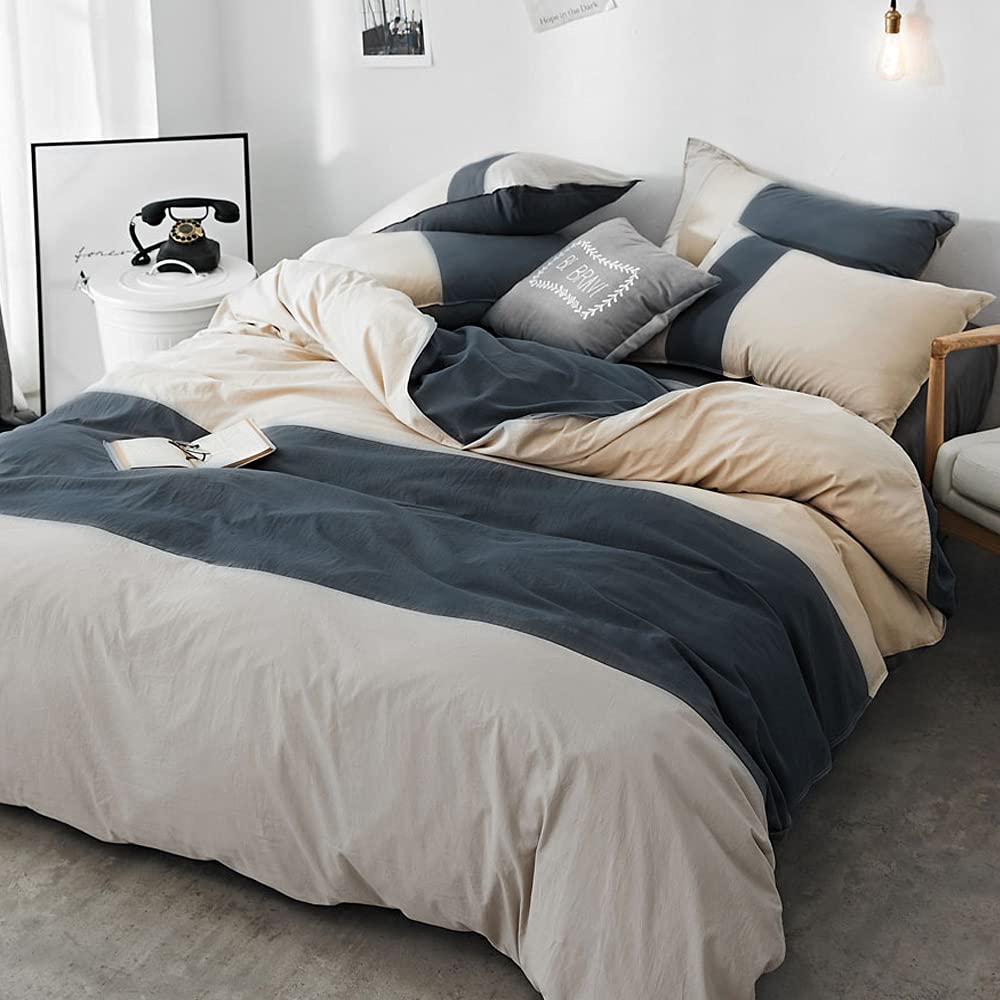 mixinni Super Soft Cotton 3 Piece Grey/Beige Striped Patchwork Queen/Full Duvet Cover Set with Zipper Ties,includes 1 Duvet Cover, 2 Shams