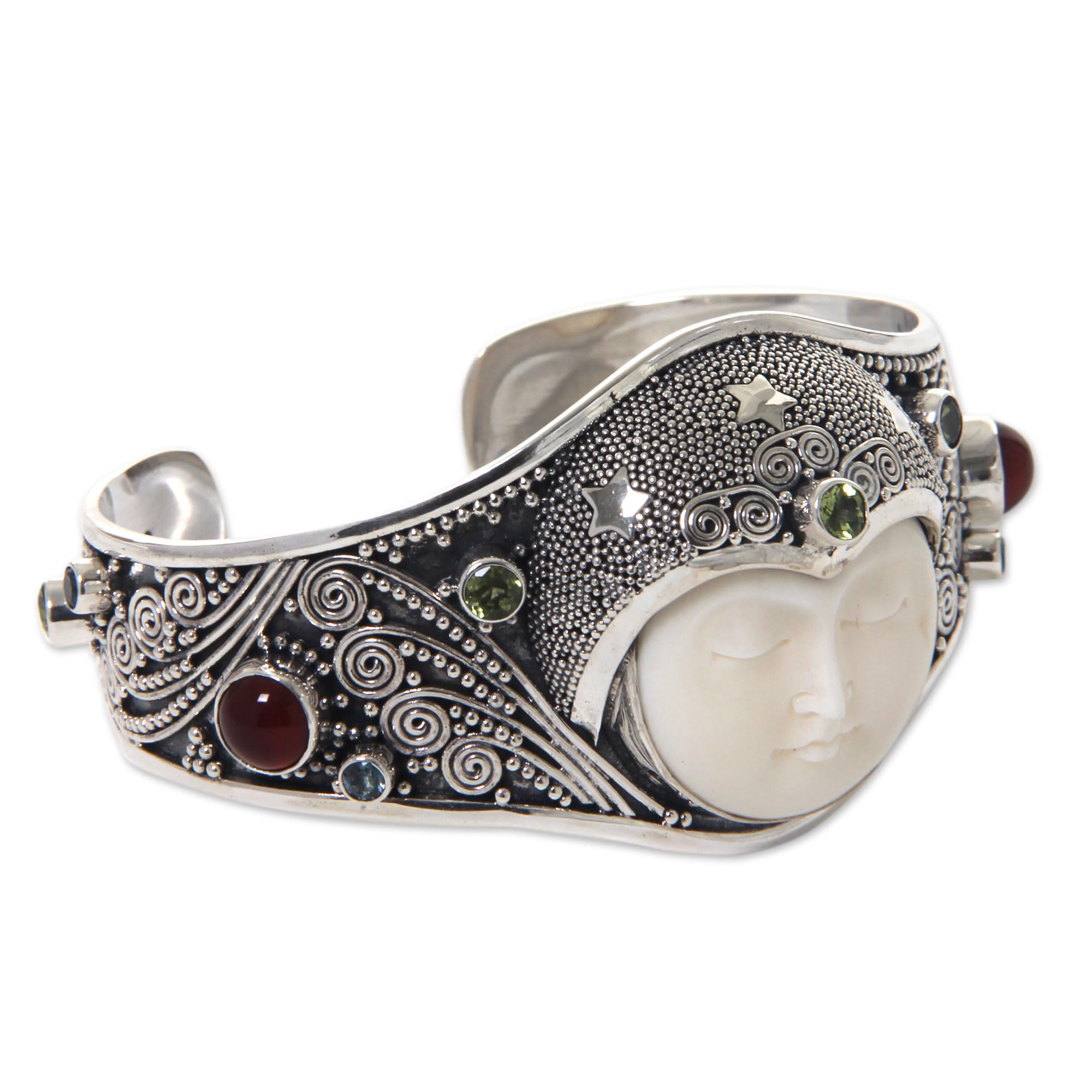 NOVICA Artisan Handmade Peridot Carnelian Cuff Bracelet with Gemstones Bone Silver Sterling Blue Topaz Multigem Green Multicolor Red Indonesia Sun Moon Birthstone Balinese Traditional [6 in Inner Cir]
