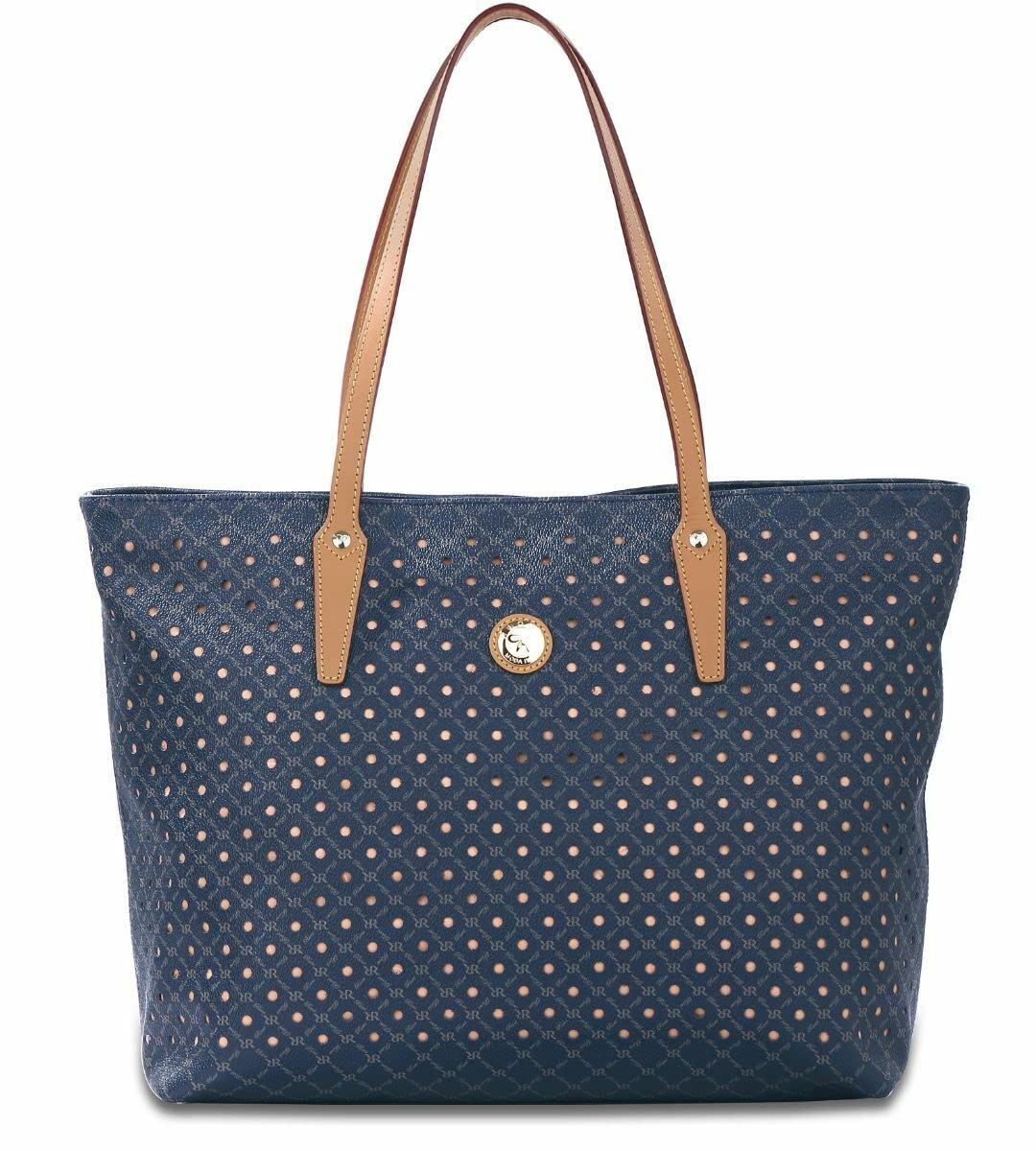 Rioni STA-20280 Designer Signature Large Dona Tote Navy Blue Canvas Leather Handbag Shoulder Bag