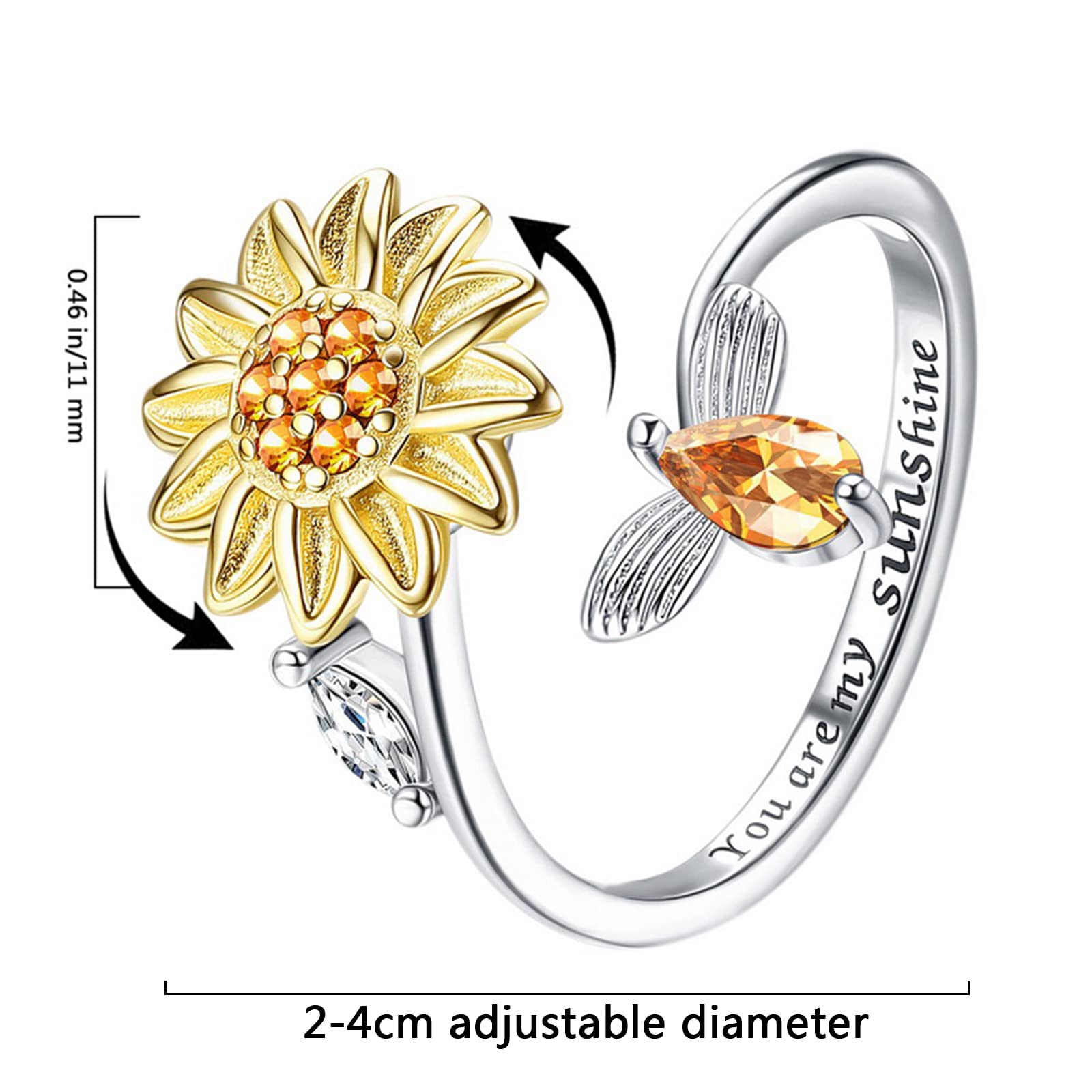 papasgix Sunflower and Bee Fidget Ring for Women, Sterling Silver Anxiety Ring for Stress Relief/Adjustable Open Rings Engraved You are My Sunshine