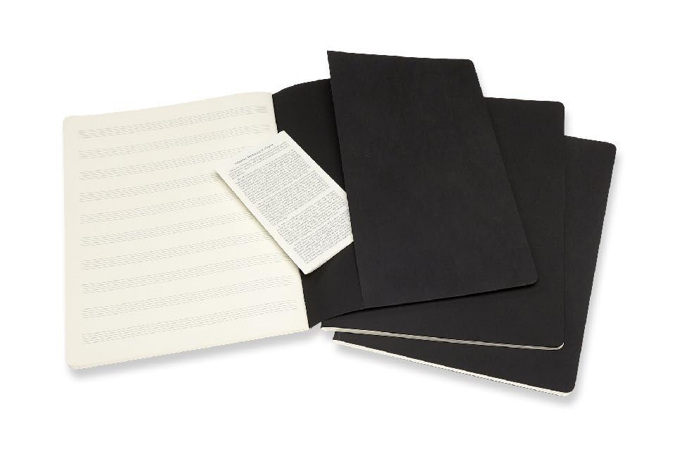 Moleskine Art Cahier Music Notebook, Soft Cover, XL (7.5" x 9.5") Pentagram, Black, 80 Pages (Set of 3)