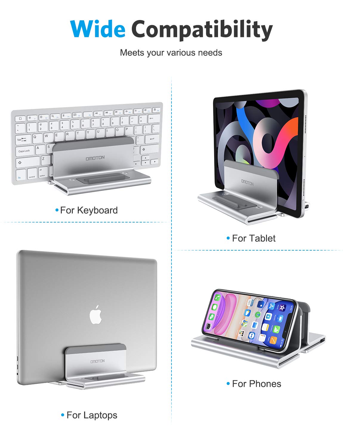 OMOTON Upgraded Laptop Vertical Stand, 3-in-1 Laptop Holder Dock with Sturdy Silicone Pads for Ultra Protection, Suitable for iPhone/iPad/MacBook Pro/Surface/Samsung/Android Tablets, Silver