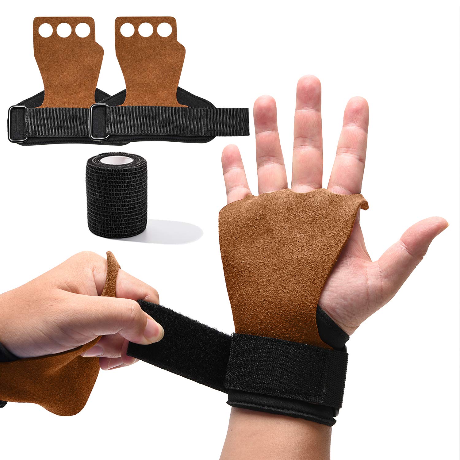 ONLYWIN 3 Hole Leather Hand Grips for Women, Men Palm Protector for Pull-ups, Lifting Gymnastic Crossfit Gloves with Wrist Wraps for Hand Protection,Small