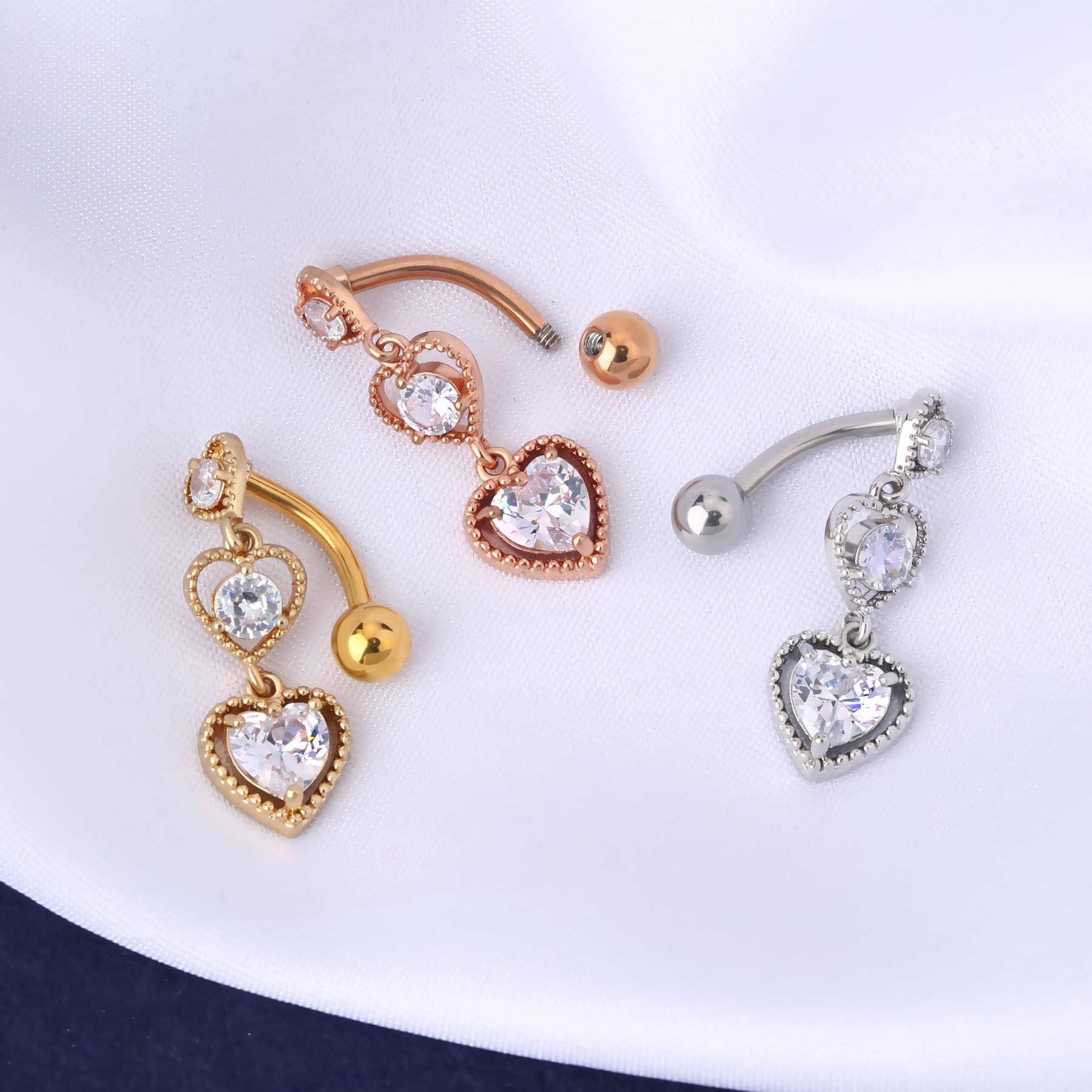 OUFER Dangle Belly Button Rings 316L Surgical Steel Heart Shaped Reverse Belly Rings Dangling Curved Ring Navel Piercing Jewelry