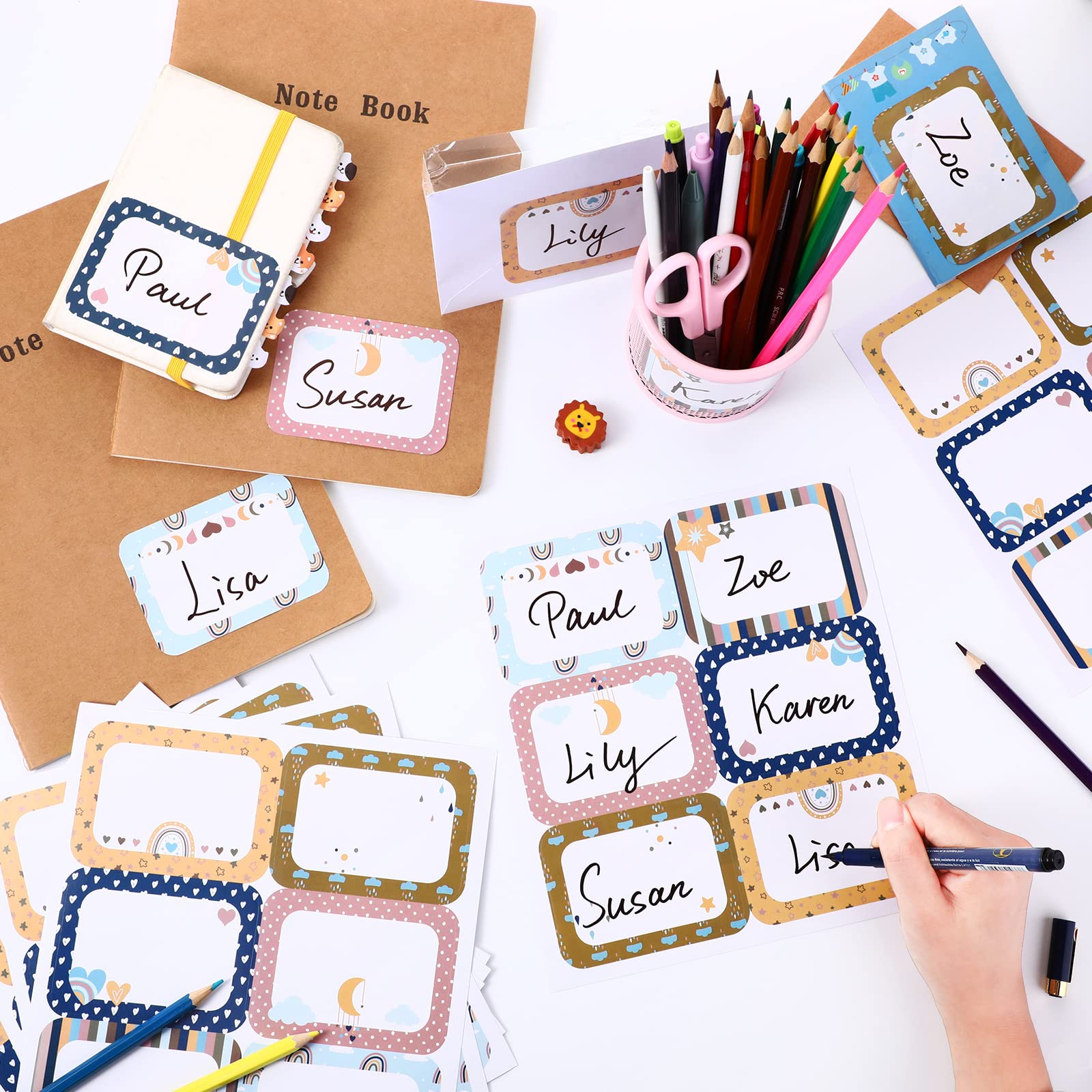 Nezyo 144 Pieces Rainbow Name Tag Stickers for Kids Students Rainbow Adhesive Name Stickers Tag Desk Labels in 6 Designs for Classroom School Office, 3.5 x 2.5 Inches (Modern Style)
