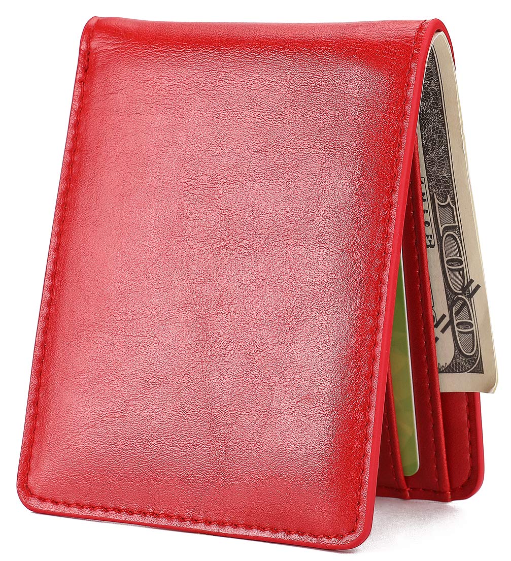 Mens Slim Front Pocket Wallet ID Window Card Case with RFID Blocking - Red