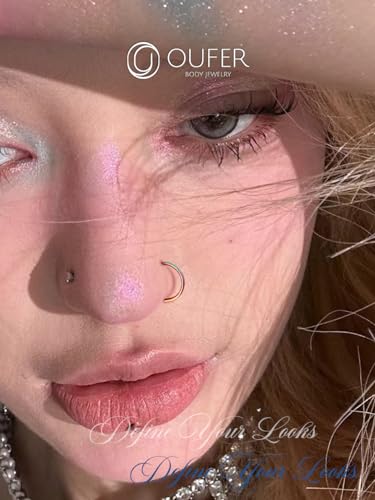 OUFER 6PCS Titanium Nose Ring Hoop, 18G 20G Titanium Nose Studs, G23 Solid Titanium Nose Rings, Gold Black Nose Stud, Nose Piercing Jewelry for Women And Men