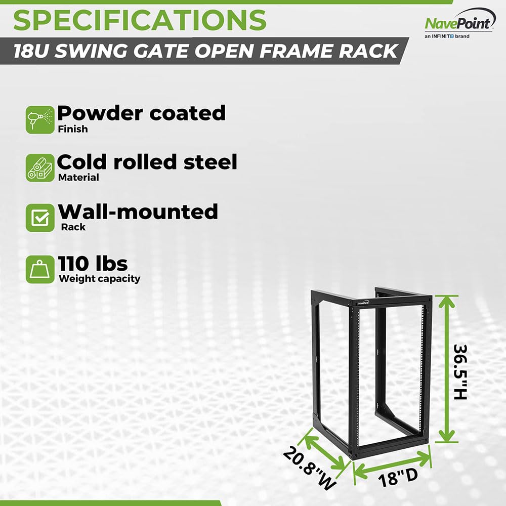 NavePoint 18U Server Rack with Swing Gate - 18U Wall Mount Rack for 19 Inch IT Equipment Open Frame Rack β Network Rack Wall Mount for AV & Server Equipment 18β Deep 18U Rack, Black