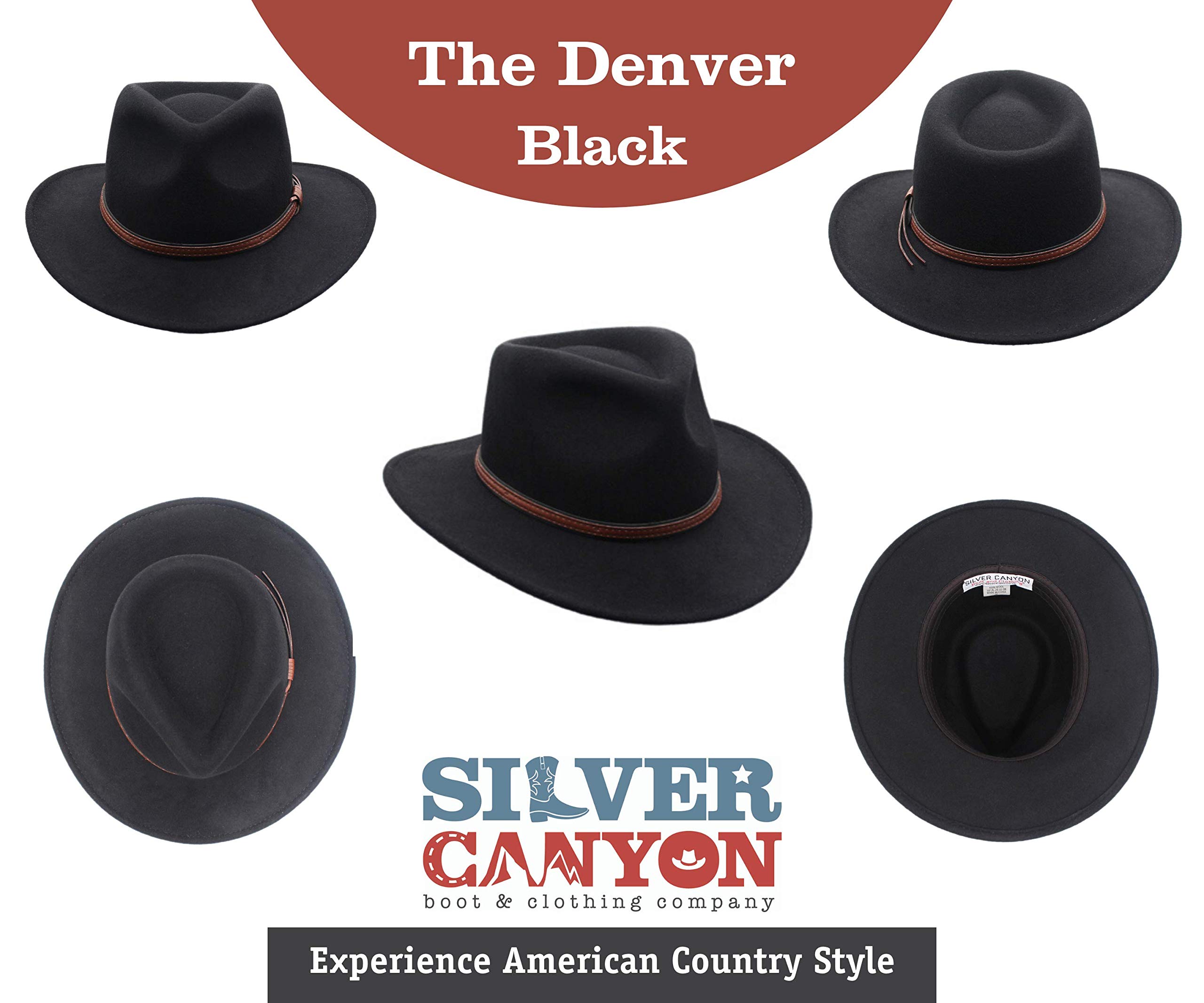 Mens+Outback+Wool+Cowboy+Hat+Bozeman+Black+Crushable+Western+by+Silver+Canyon