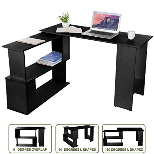 Mostbest Corner Computer Desk with Shelves Wood Compact Home Office Desk Laptop PC Table Writing Study Table Workstation Storage Drawer & Shelves (Black)