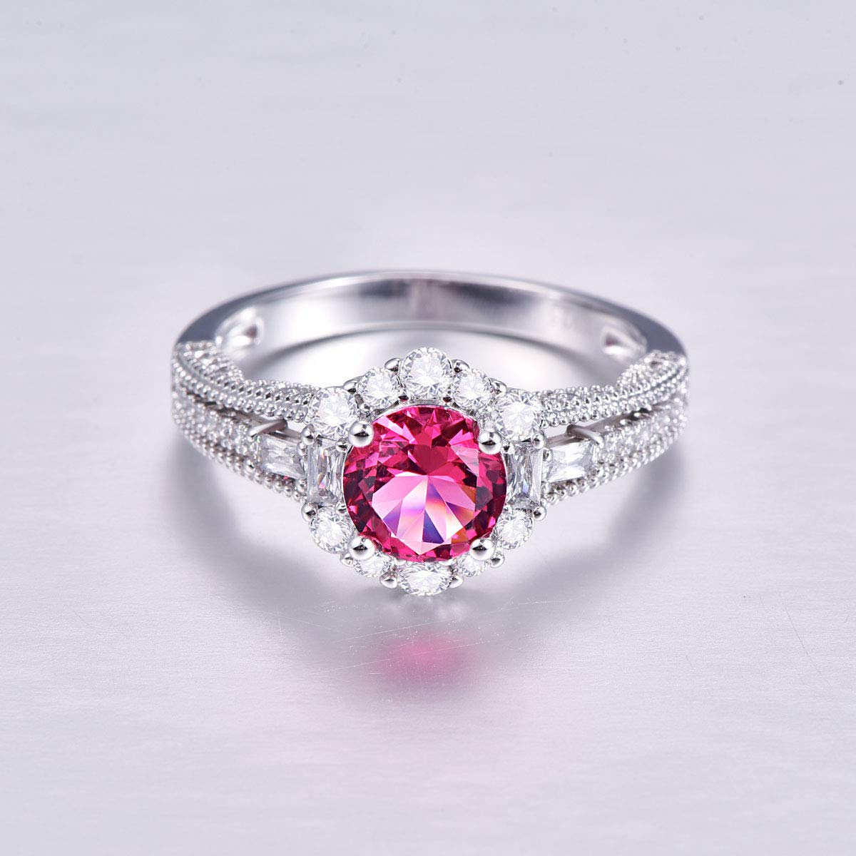 Momius 925 Sterling Silver Created Ruby Spinel 4-Prong Round Brilliant CZ Cut Halo Pave Triple Row Wedding Engagement Eternity Ring for Women Size 6