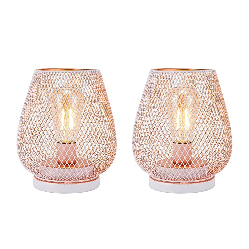 TRIROCKS Set of 2 Medium Battery Powered Outdoor Lantern 6.5'' High Metal Cage Table Lamp with LED Edison Bulb for Home Wedding Parties Patio Event Indoor Outdoor(Pink)