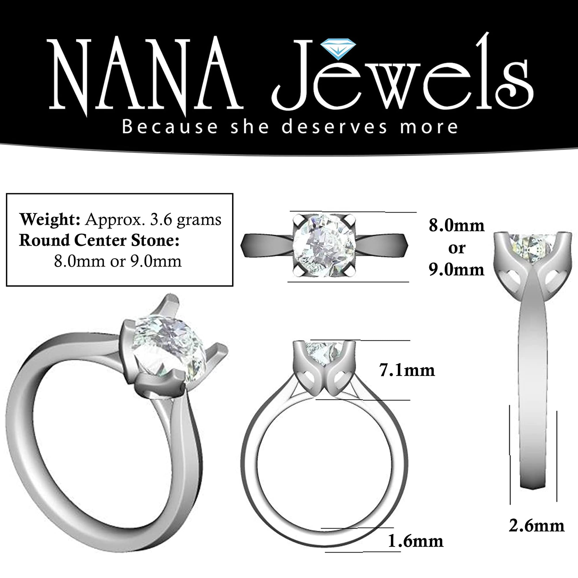 NANA Jewels Heart & Soul Silver 9.0mm (3ct) Round Cut Zirconia Solitaire Engagement Ring - Platinum Plated - Size 7