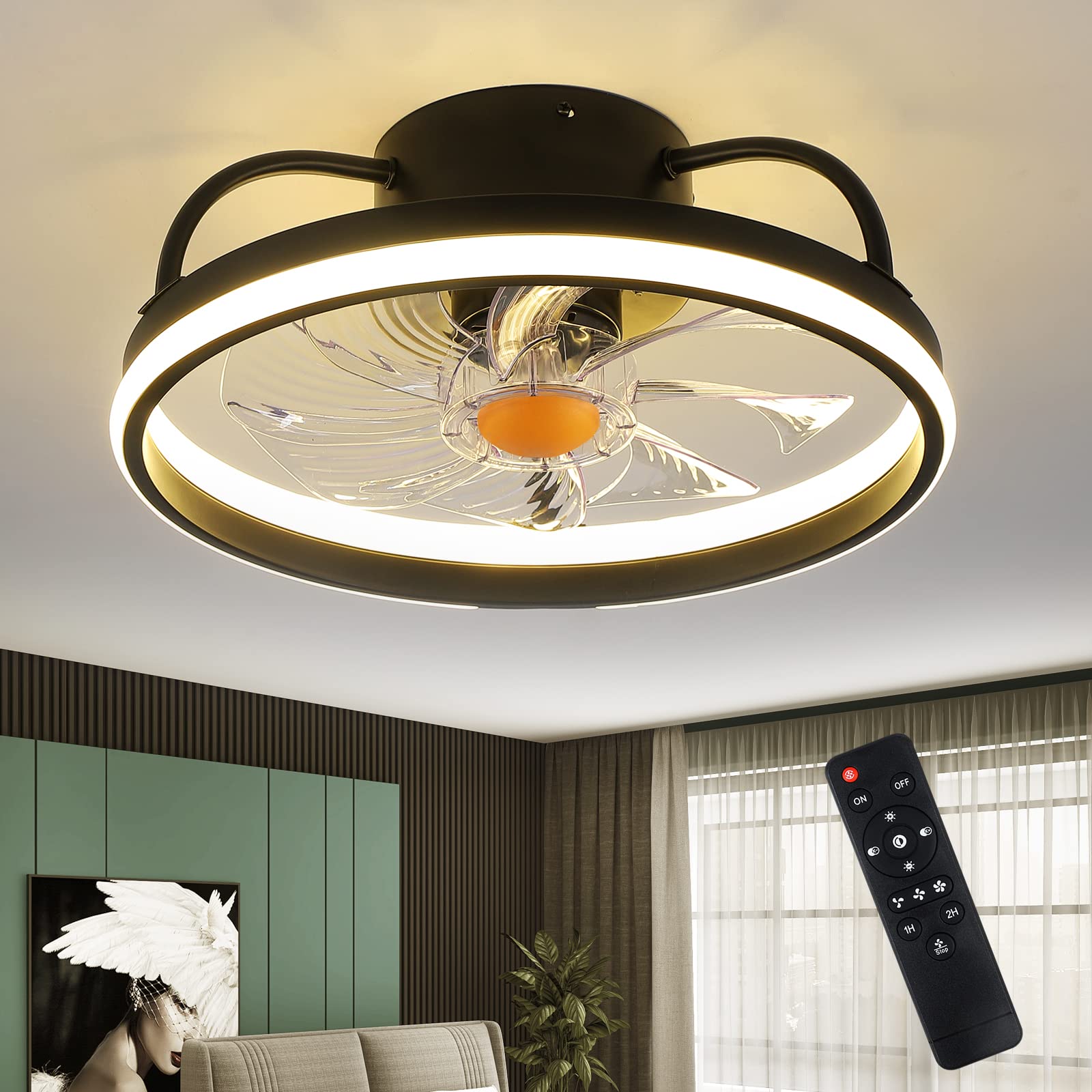 Mpayel Flush Mount Ceiling Fans with Lights and Remote Control,Modern Enclosed Bladeless,15'' Low Profile Ceiling Fan with Stepless Dimming Lighting Fixture for Bedroom Kitchen(Black)……