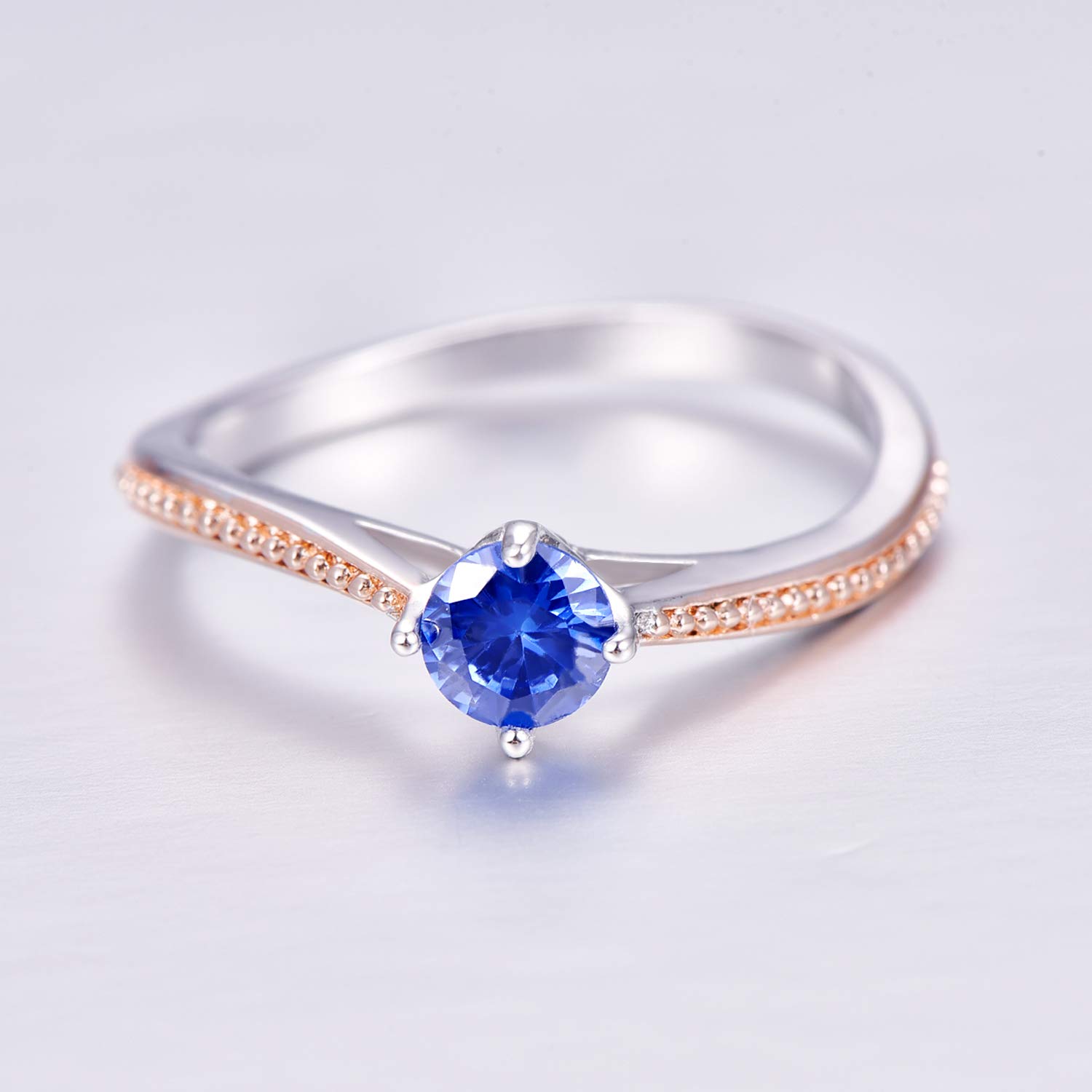 Narica 925 Sterling Silver Plated Ring Round Cut Created Blue Sapphire Rose Gold Eternity Wedding Engagement Ring for Women Size 9