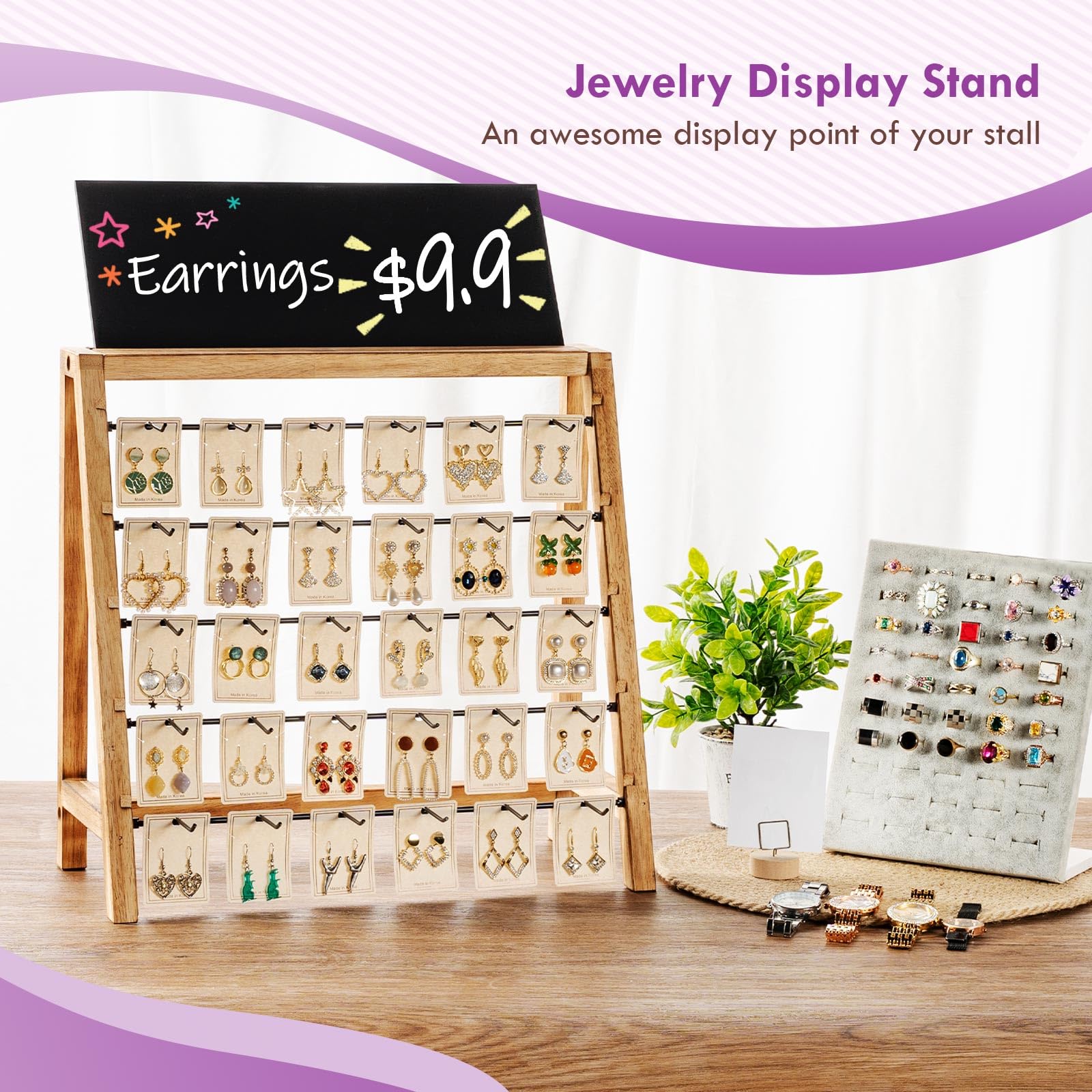 Poyilooo Earring Display Stands for Selling, Real Wood Jewelry Display for Selling Vendors with Adversitsing Board, Large Capacity Earring Cards for Selling Rack Holder for Earring Cards
