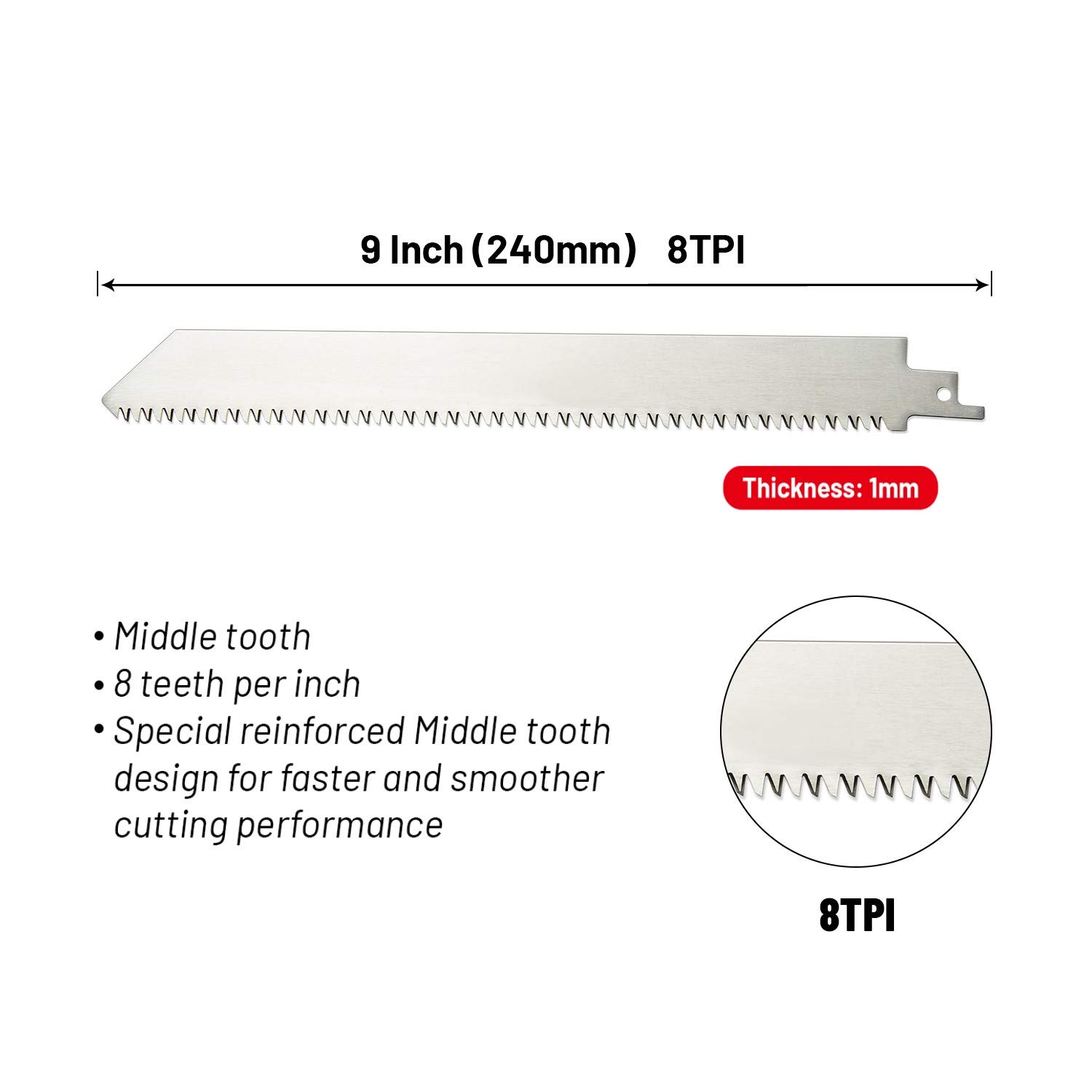 ZUZZEE 9inch 8TPI Unpainted Stainless Steel Reciprocating Saw Blade for Frozen Meat Bone Cutting Wood Pruning (5 Pack)
