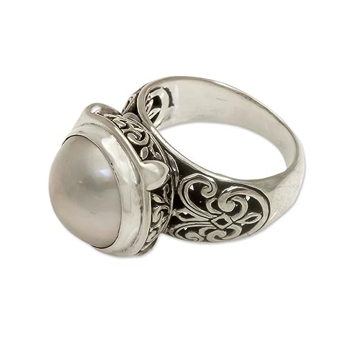 NOVICA Artisan Handmade Cultured Pearl Cocktail Ring Mabe Sterling Silver White Indonesia Birthstone Moon [crownbezel 0.6 in L x 0.6 in W x 0.5 in H Band Width 5 mm W] ' Graceful Moon'