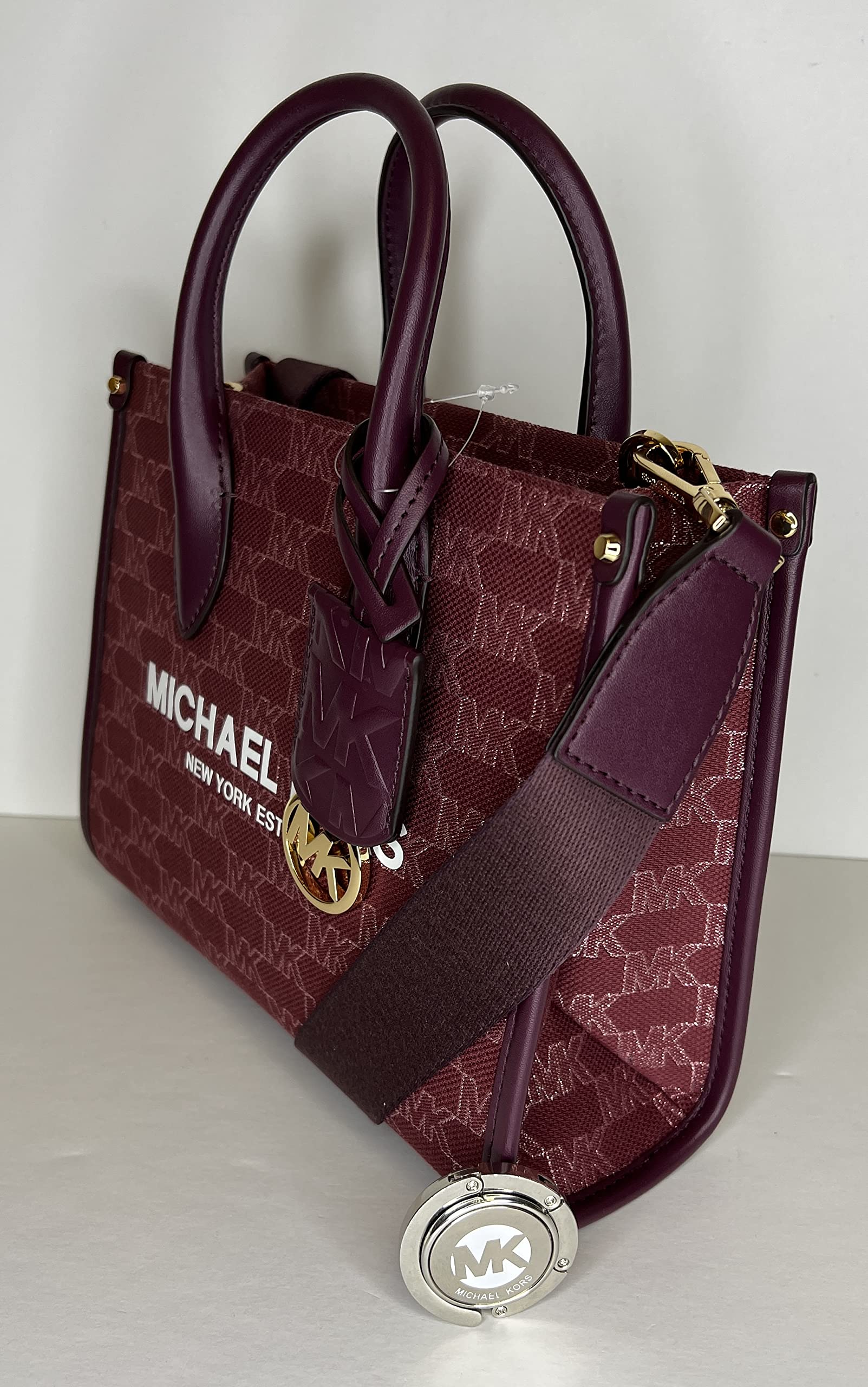 Michael Kors Mirella Small Shopper Top Zip Bag Bundled SM TZ Coinpouch Purse Hook (Mulberry Logo/Bordeaux)