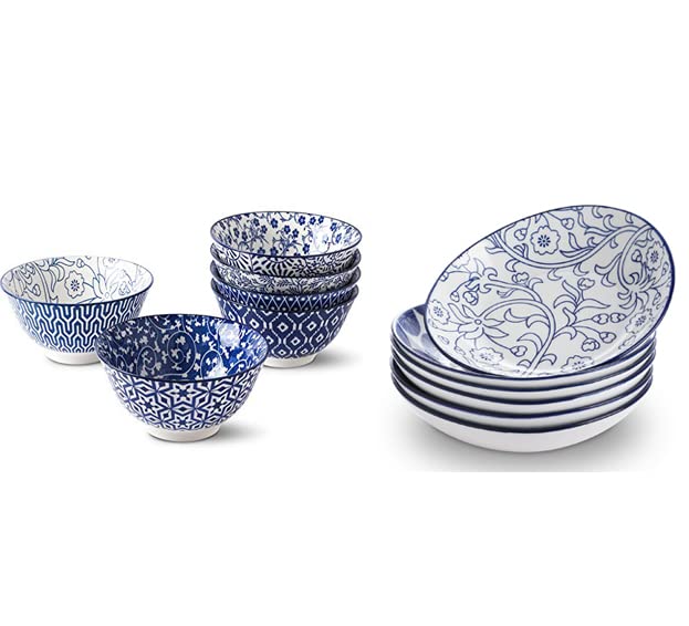 Selamica Porcelain 20oz Bowls Set Bundle with 8 inch Porcelain Pasta Bowls, Vintage Blue