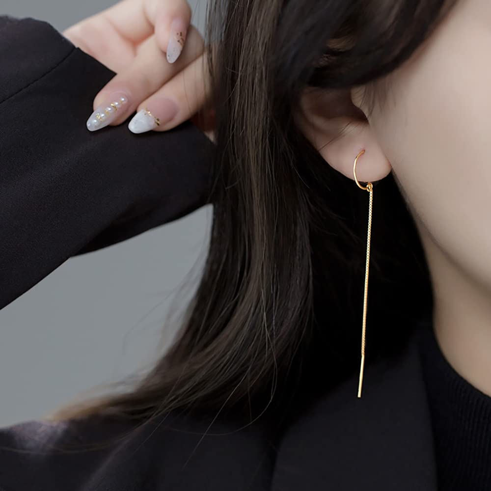 Reffeer Solid 925 Sterling Silver Dangle Chain Earrings Tassel Threader for Women Long Dangle Earrings Minimalist (B-18K Gold)