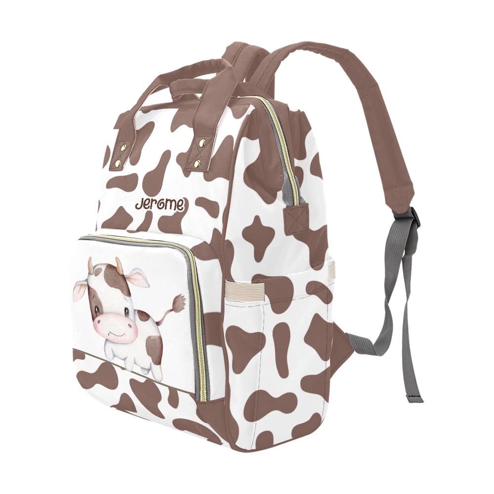 Urcustom Personalized Name Diaper Bag Backpack Cow Print Brown Multifunction Travel Backpack Nappy Bag Daypack for Mom Dad Boy Girl