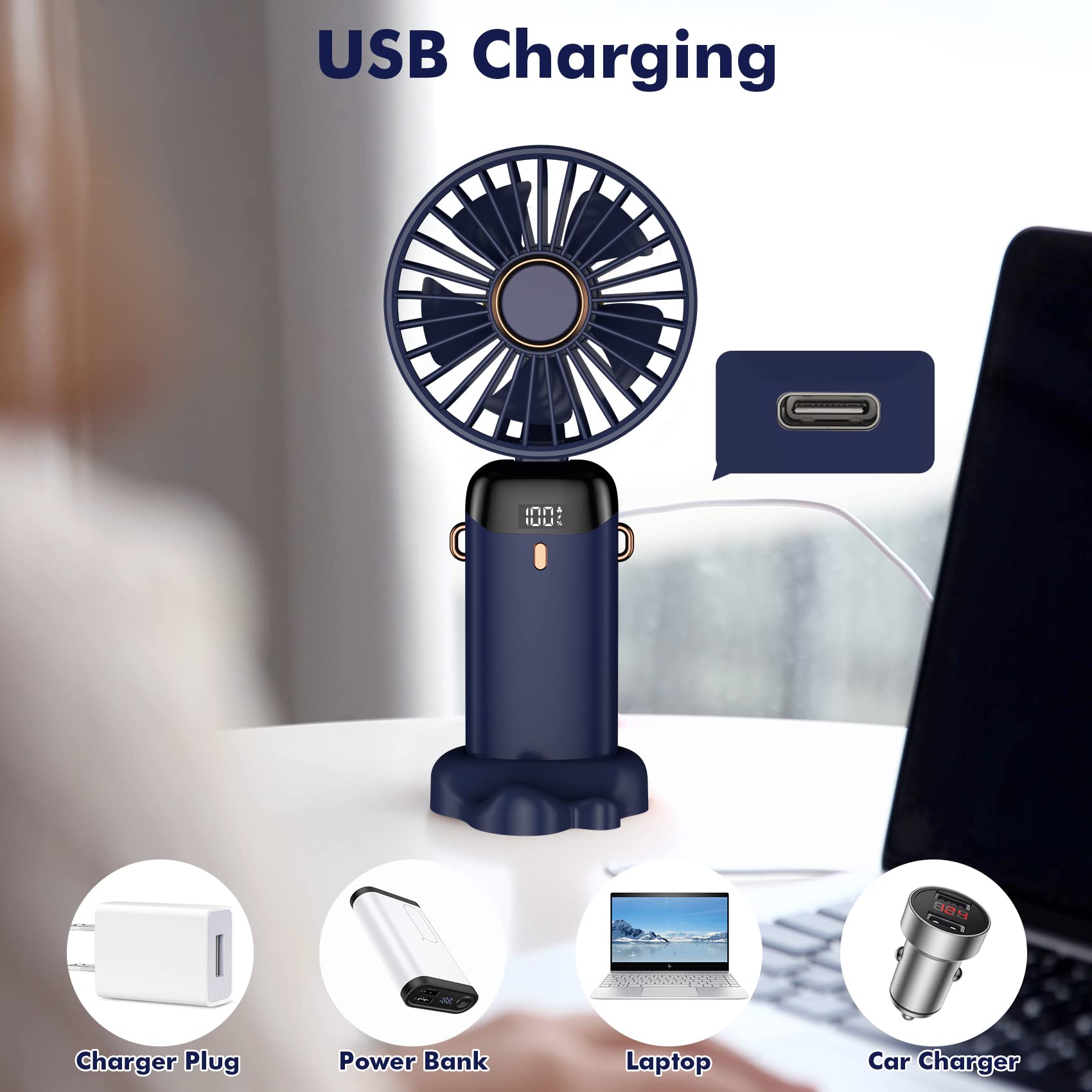 Rafada Handheld Fan, Mini Portable Fan USB Rechargeable, Small Pocket Fan 5 speeds with Lanyard and Base, Built-in 4200mAh Battery USB Desk Fan Foldable for Office, Outdoor, Home, School