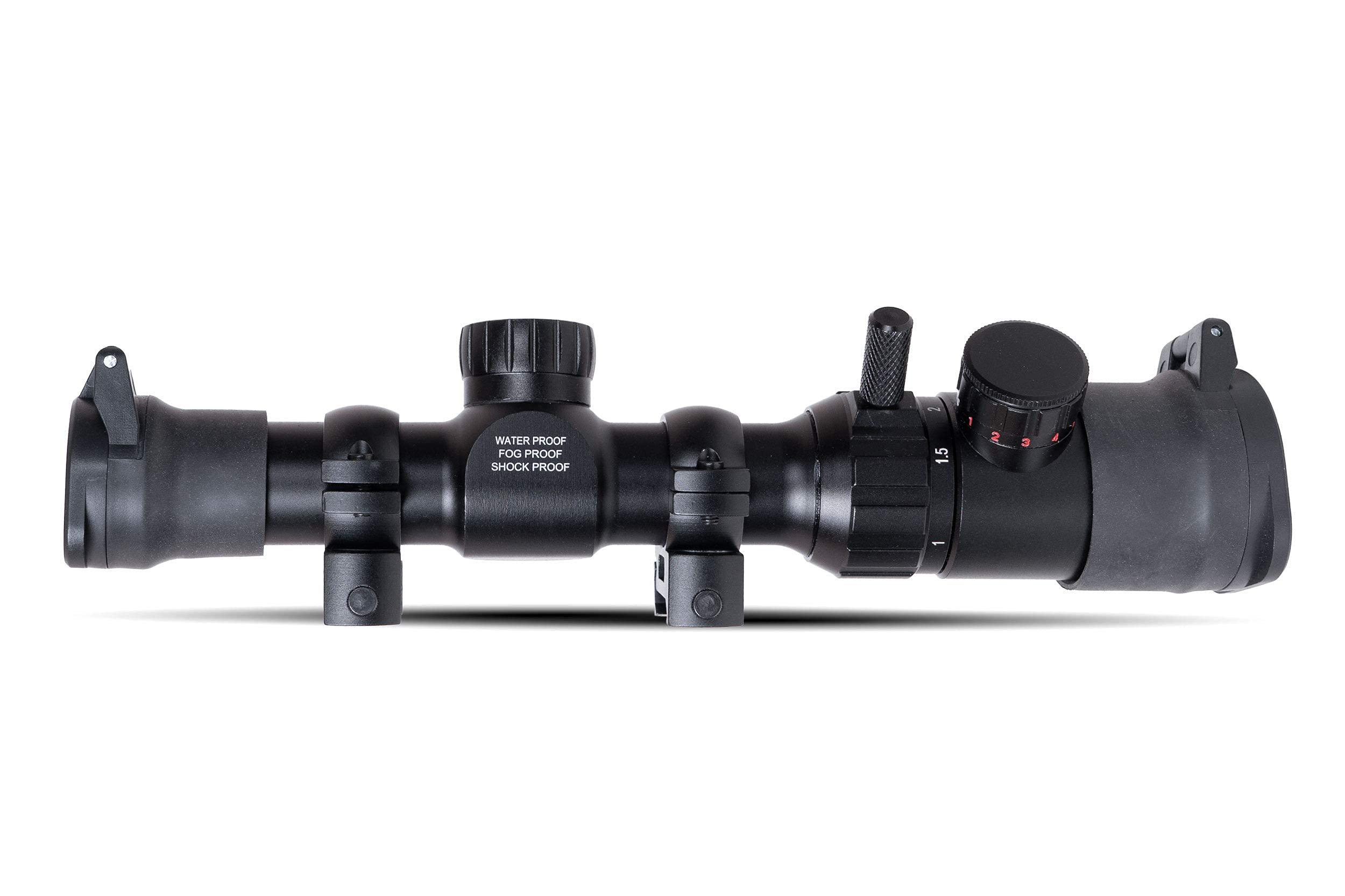 Monstrum 1-4x20 Rifle Scope with Rangefinder Reticle and Medium Profile Scope Rings | Monstrum Flip Up Lens Cover Set | Bundle