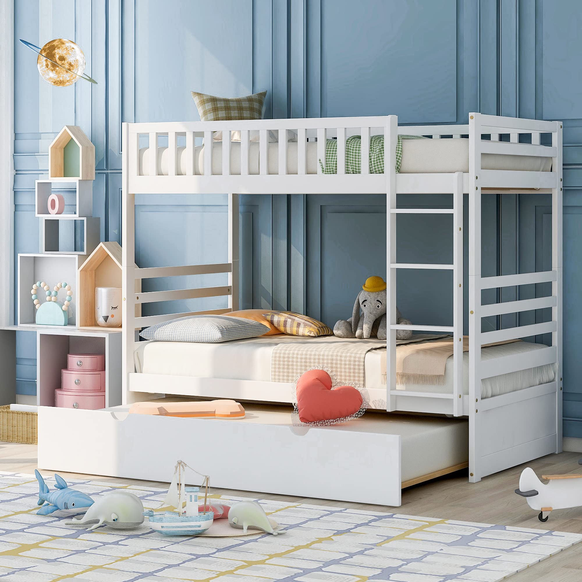 Morhome Twin Over Twin Bunk Bed with Trundle, 3 in 1 Triple Bunk Beds with Side Ladders and Safety Guard Rail for Kids Adults Teens