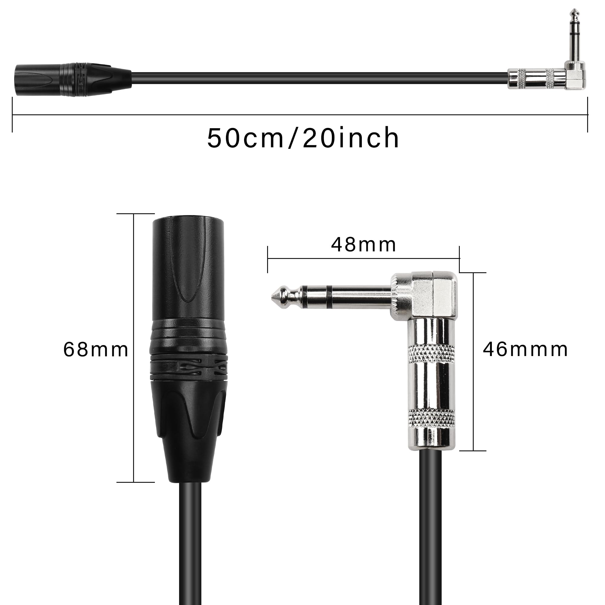 PNGKNYOCN 1/4 to XLR Cable 90 Degree Right Angle 6.35 mm TRS Male Plug to XLR Male Plug Audio Stereo Microphone Cable for Speakers, Stage, DJ and More(50cm)