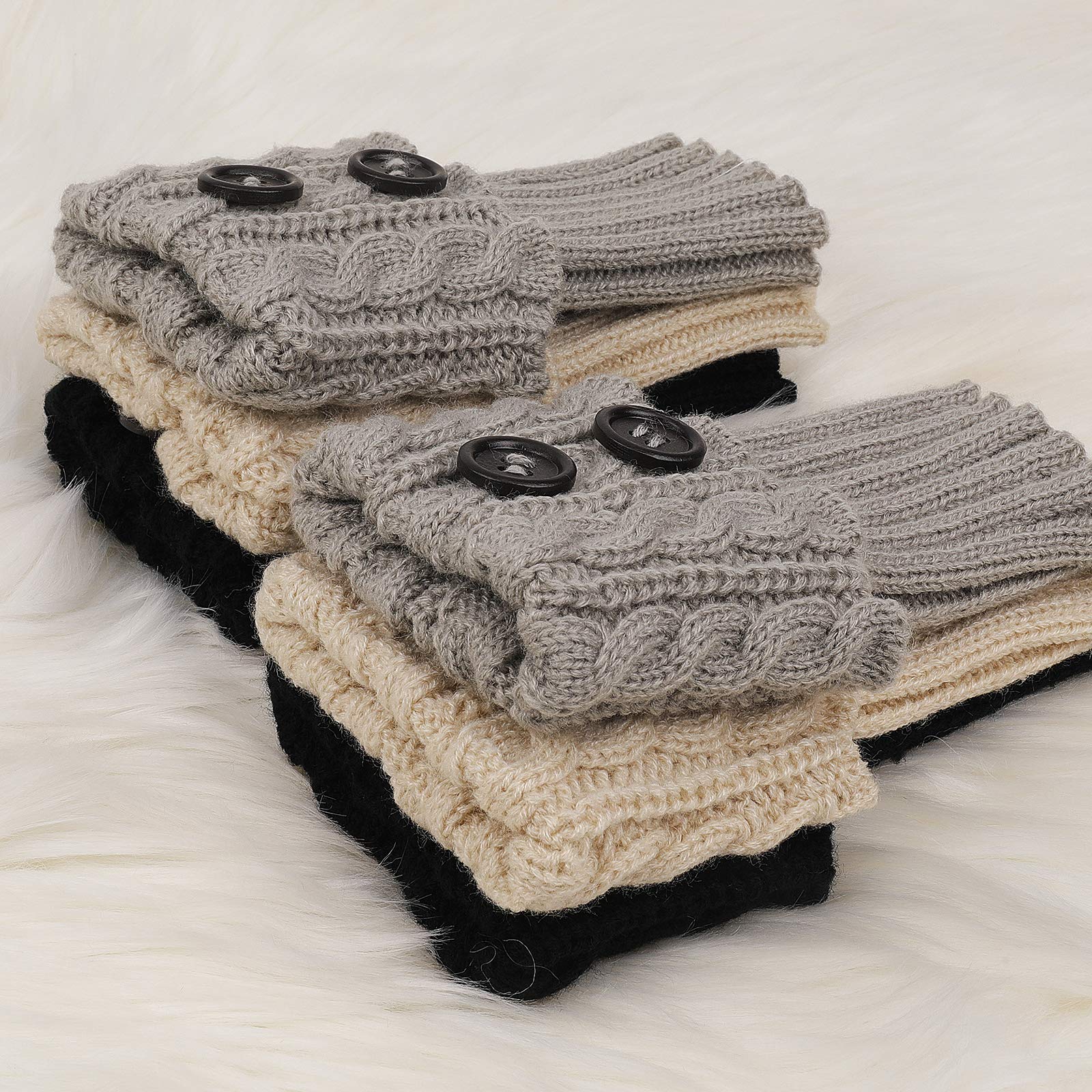 PHOGARY 3 Pairs Winter Warm Boot Cuffs for Women, Crochet Knitted Boot Socks for Girls Short Leg Warmers Boot Topper Socks Leg Cuffs Boot Warmers Gift (Black+Beige+Grey)