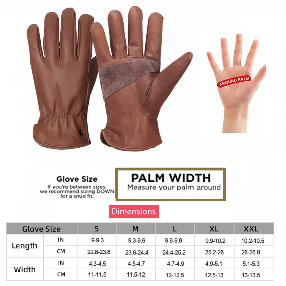 NBLEAGLO Retro Brown Cowhide Leather Work Gloves for Construction, Yardwork, Gardening with Reinforced Palm for Men & Women (Brown, Large)
