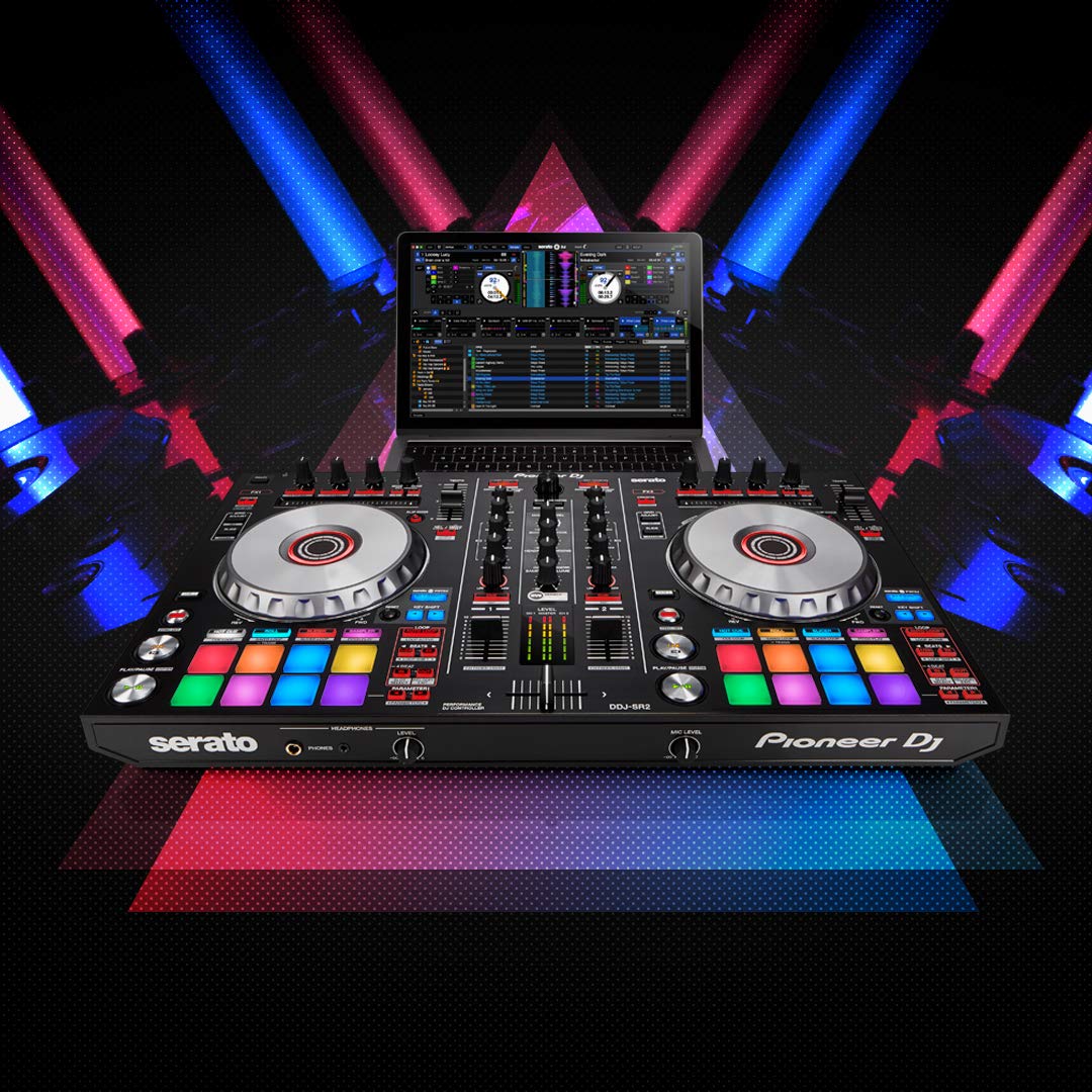 Pioneer DJ DDJ SR2 Portable 2 Channel DVS Compatible Bus Powered DJ Controller for Serato DJ Pro with Serato DJ Pro and Serato Pitch n Time DJ Software BUNDLE 4 x Senor Microphone Cable & Zorro Cloth