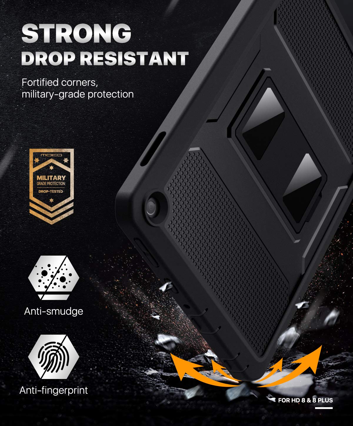 MoKo Case Fits Kindle Fire HD 8 & 8 Plus Tablet (10th Generation, 2020 Release), [Heavy Duty] Full Body Rugged Cover with Built-in Screen Protector, Black