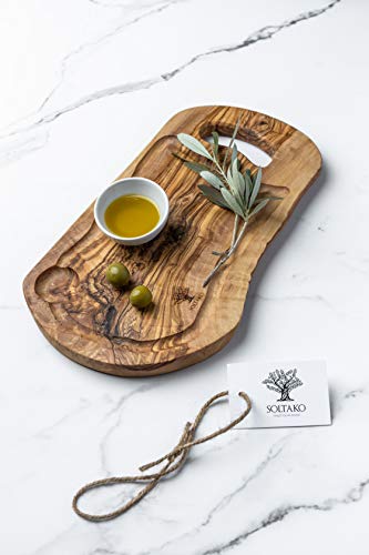 SOLTAKO Olive Wood Cutting Steak Board, Wooden Charcuterie Board, Large Cheese Board, Hand Made Serving Platter, Rustic Chopping Board with Juice Groove, Chopping Board with Handle (17,7")