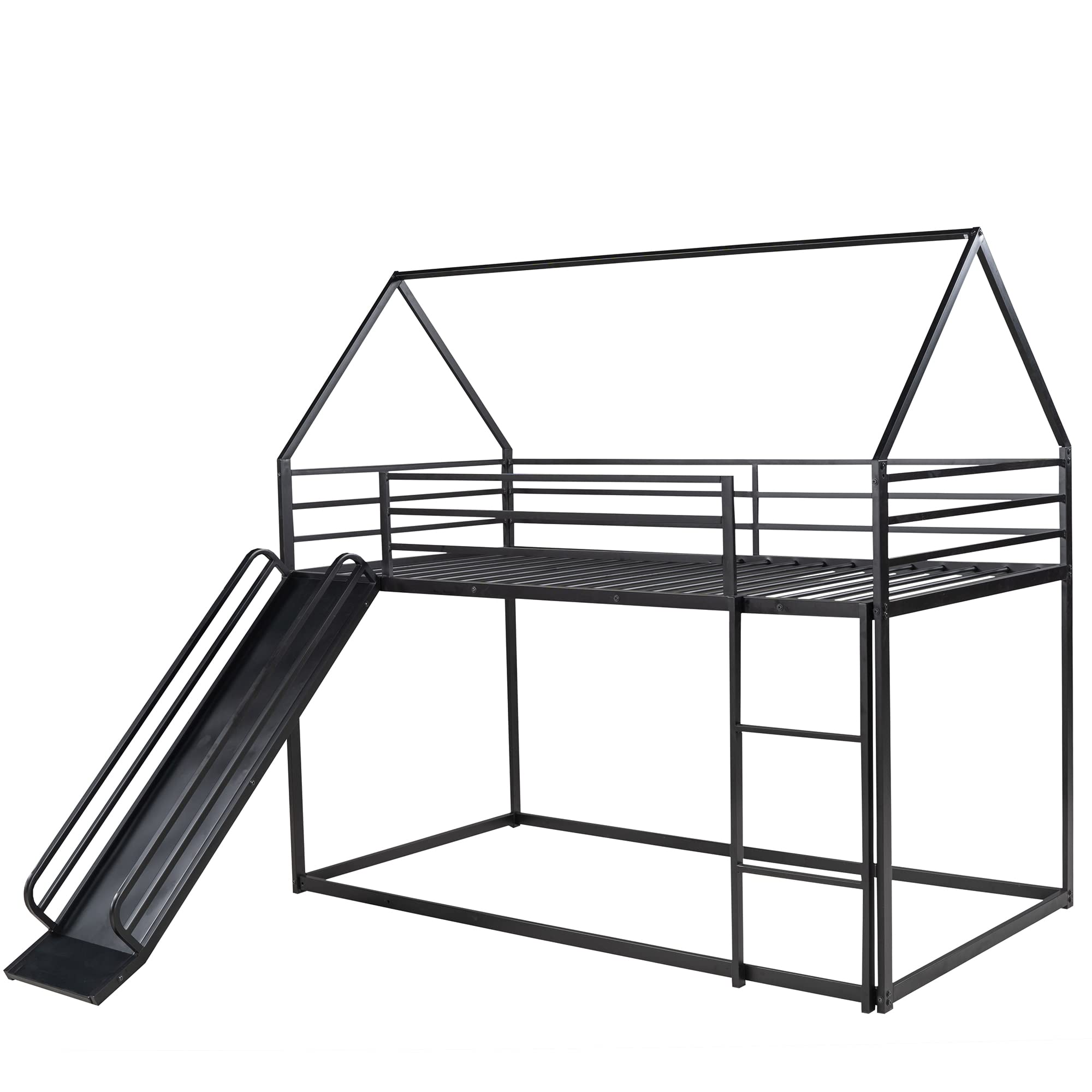 Merax Bunk Beds Built-in Ladder, Metal Frame House Bedframe, No Box Spring Needed, Twin Over Twin with Slide, Black