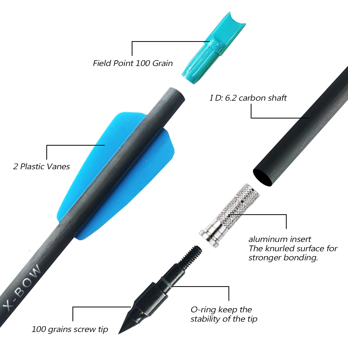 PANDARUS Archery Carbon Arrow 7.5" inch Fletched 2" Vanes with Field Point for Outdoor Hunting Shooting Pack of 12 (Blue)