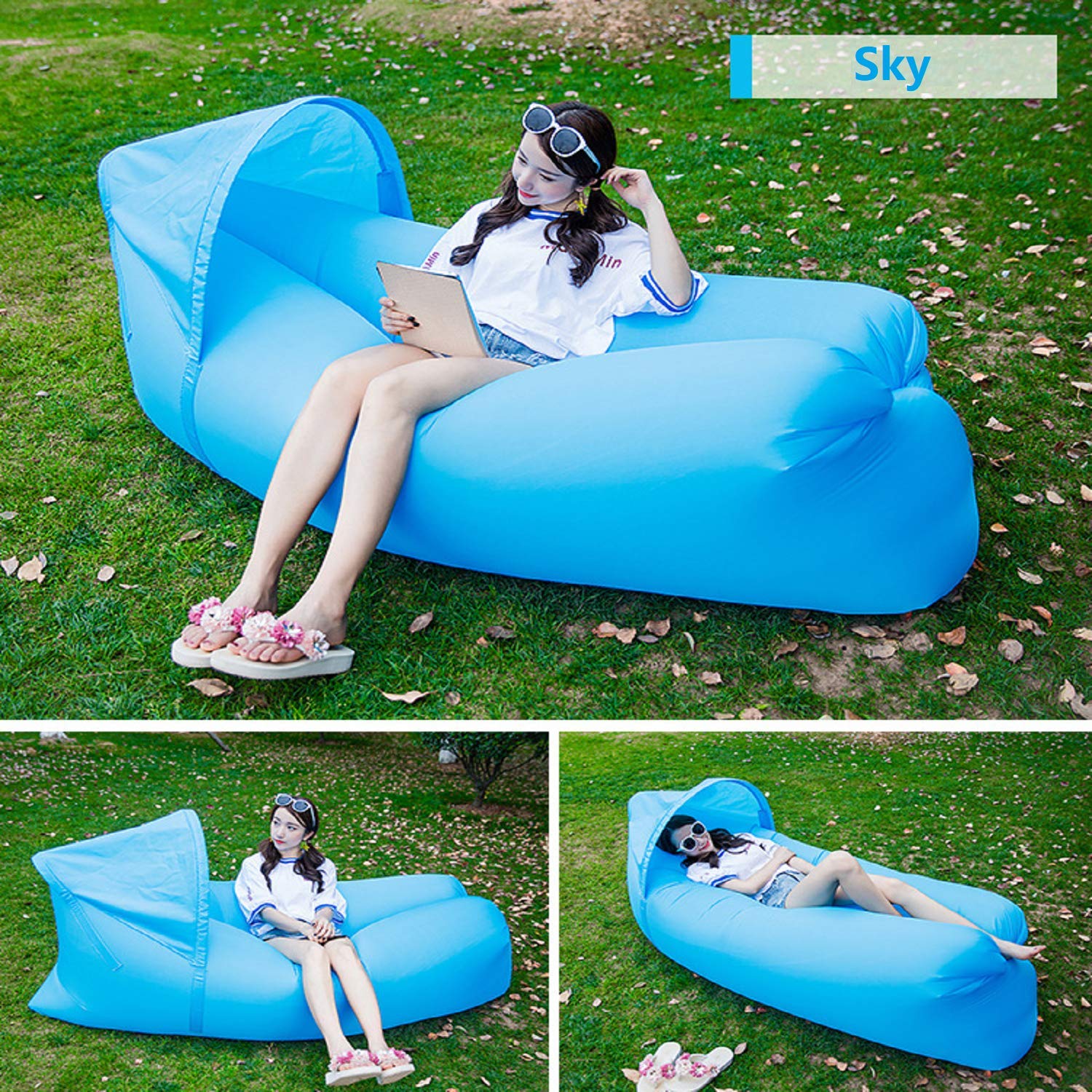 MoonShuttle Easy Portable Inflatable Lounger with Sunshade Cap Outdoor Travel Fast Air Inflatable Ship-Shaped Sleeping Bed Lounger for Camping Beach Lay (Sky)