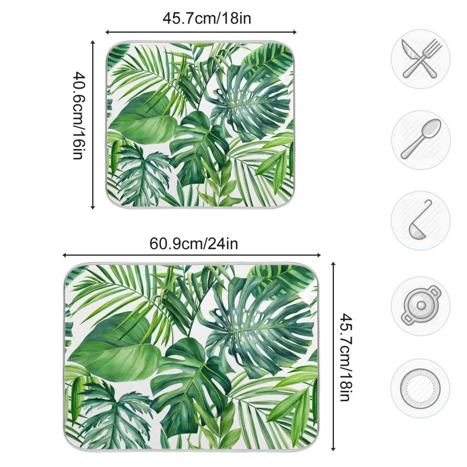 Tropical Palm Leaves Dish Drying Mat for Kitchen Counter Green Monstera Leaf Absorbent Microfiber Drying Pad, Medium 16x18 in, Reversible Drainer Mats