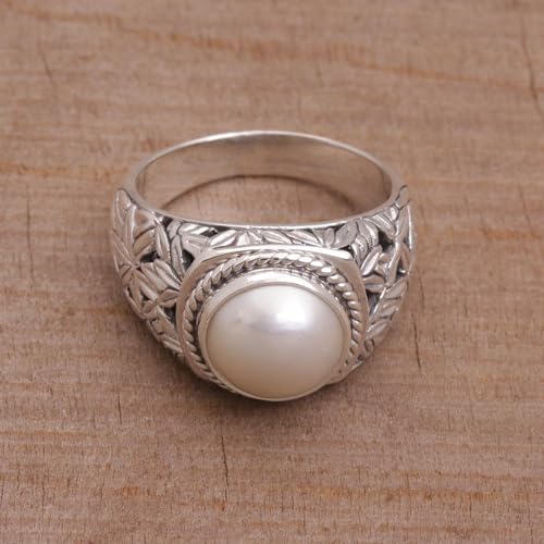 NOVICA Artisan Handmade .925 Sterling Silver Cultured Freshwater Pearl Domed Ring Single Stone White Cocktail Indonesia Leaf Tree Birthstone 'Bamboo Dreams'