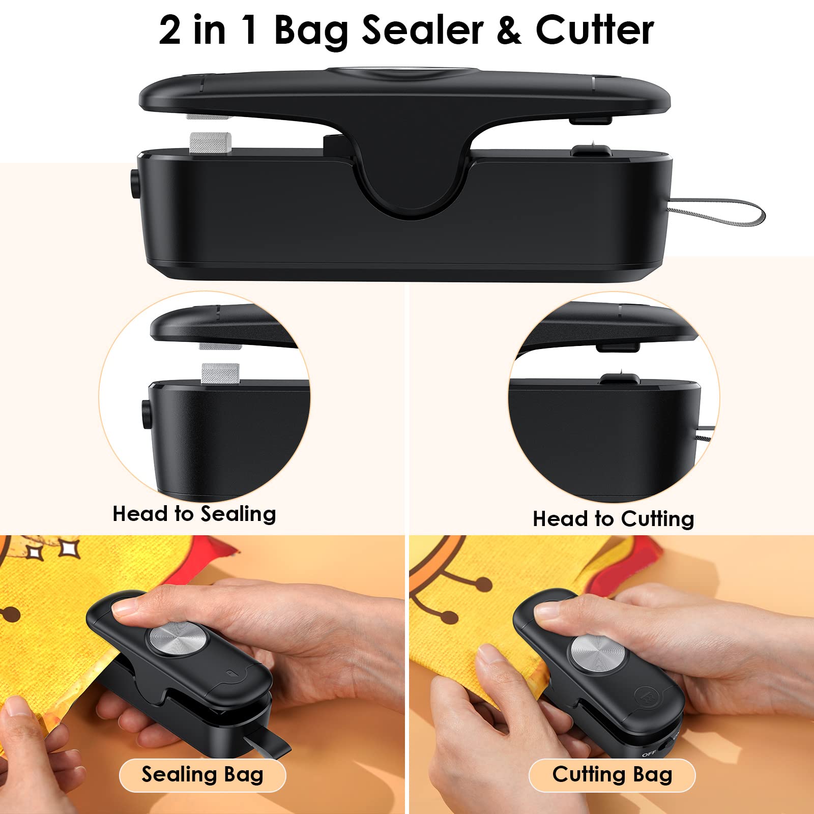OEOP Mini Chip Bag Sealer, 2 in 1 with Cutter Handheld Plastic Heat Seal Vacuum Sealer Machine Kitchen Gadget for Mylar/Food Storage Bag