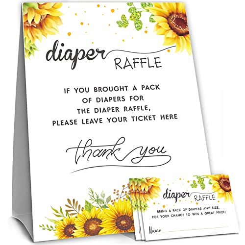 Sunflower Baby Shower Game Cards, 50 Diaper Raffle Tickets and 1 Self-standing Diaper Raffer Sign-（LBLK-007）