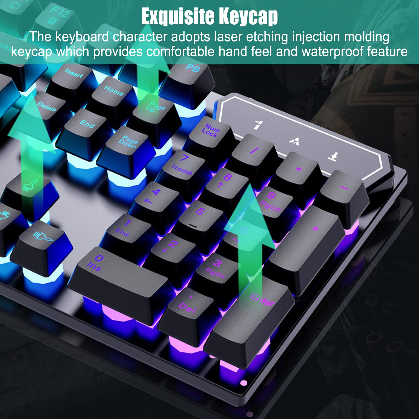 Zunate Wired Gaming Keyboard Mouse Combo, 104 Keys USB LED Backlit Keyboard, Compatible for Windows PC Games for Xbox One for PS4 (D280 Suit Word Transparent Black)