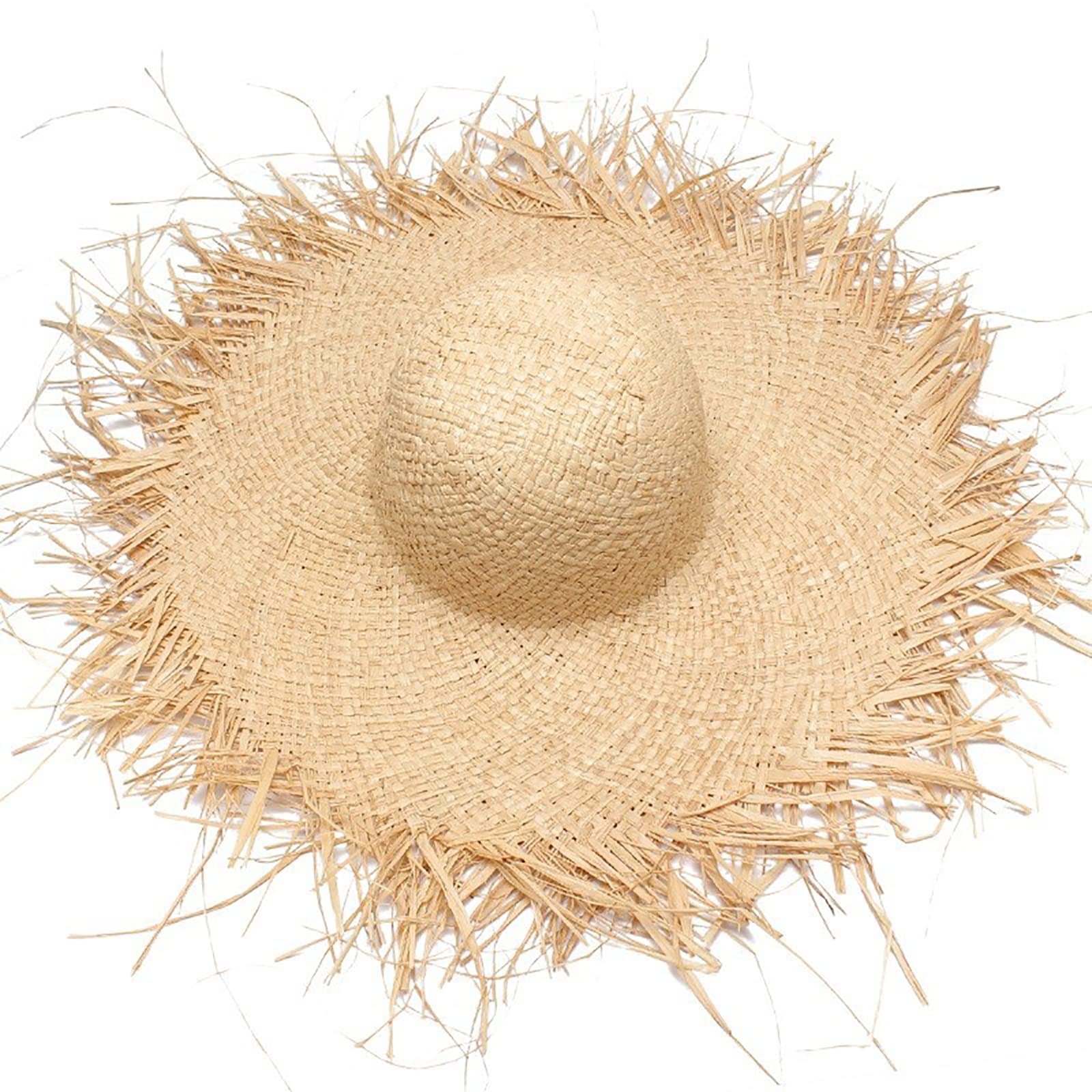 Womens Beach Sun Straw Hat Summer UV Sun Hat Wide Brim Fringe Beach Hat Boho Floppy Hat Fishing Cap (Khaki)