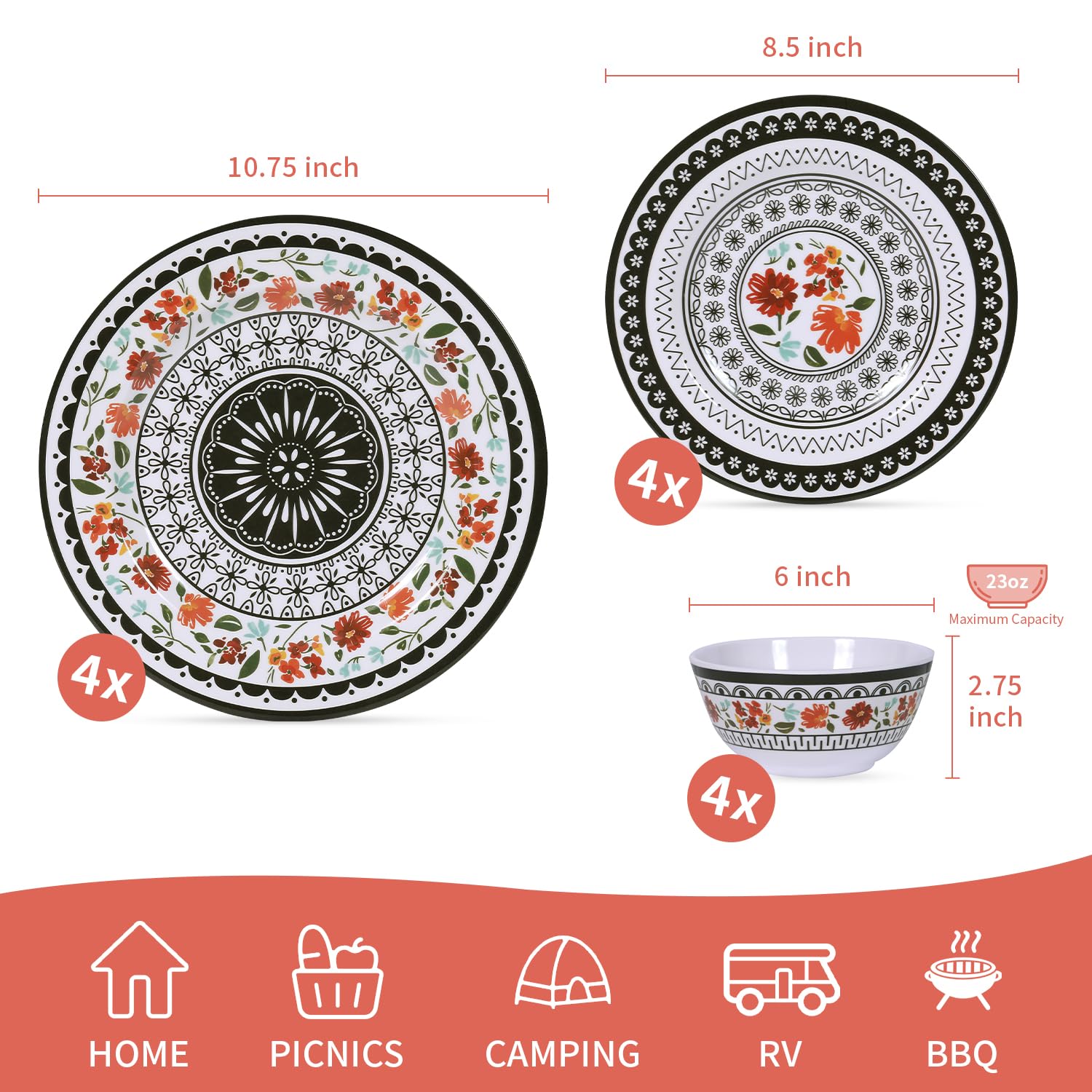 Melamine Dishes Dinnerware Sets - 12pcs Melamine Dinner Plates, Salad Plates and Bowls, for Everyday Use (Imitation Blue)