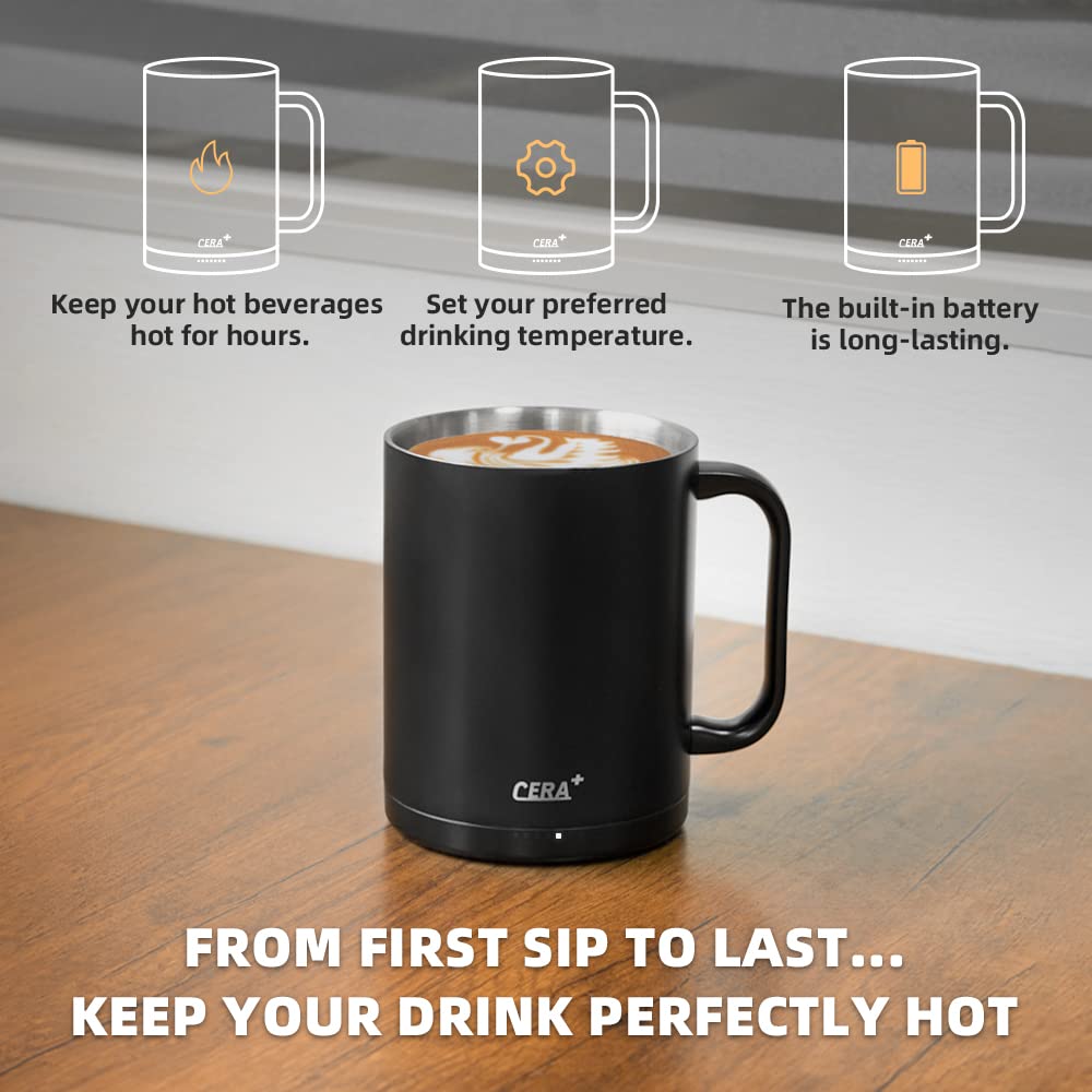 Temperature Control Smart Mug with Lid, 14oz, Self Heating, 1.5-hr Battery Life + Type-C Charging Coaster,APP or Manual Controlled, On/Off Time Preset by APP, Double Layers S.S, Gift-Packing