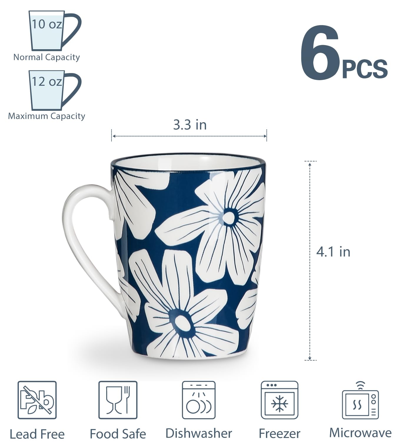 ONEMORE Ceramic Coffee Mugs Set of 6, 12oz - Microwavable Coffee Cups for Tea, Latte - Japanese Style, Scratch Resistant - Vintage Blue